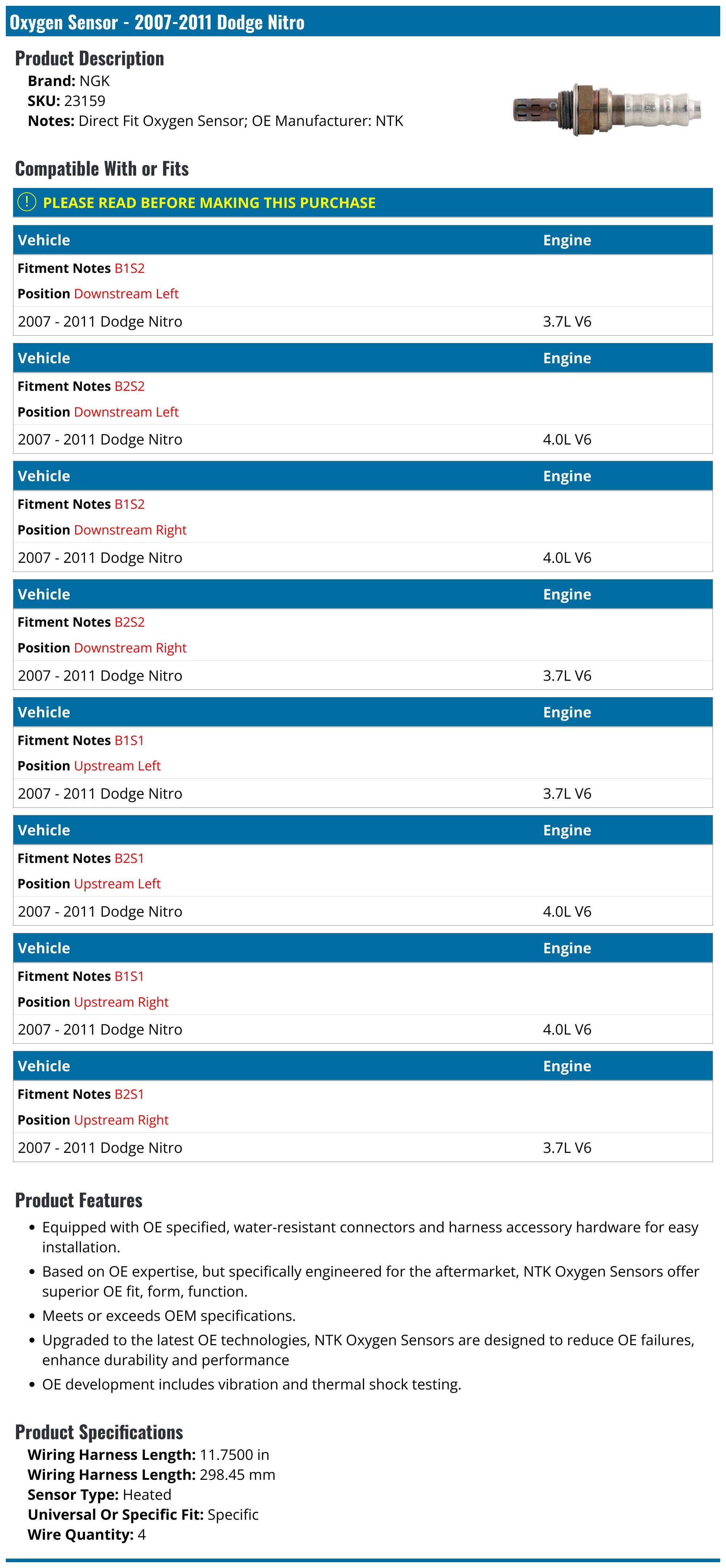 2007-2011 Dodge Nitro Oxygen Sensor - NGK 23159 - Upstream Left ...