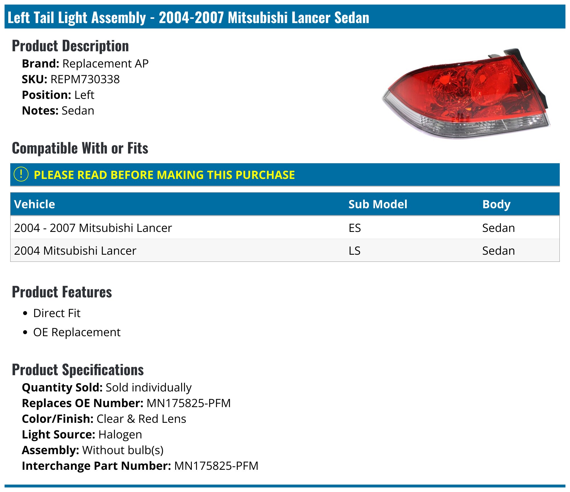 2004-2007 Mitsubishi Lancer Tail Light Assembly - Replacement AP ...