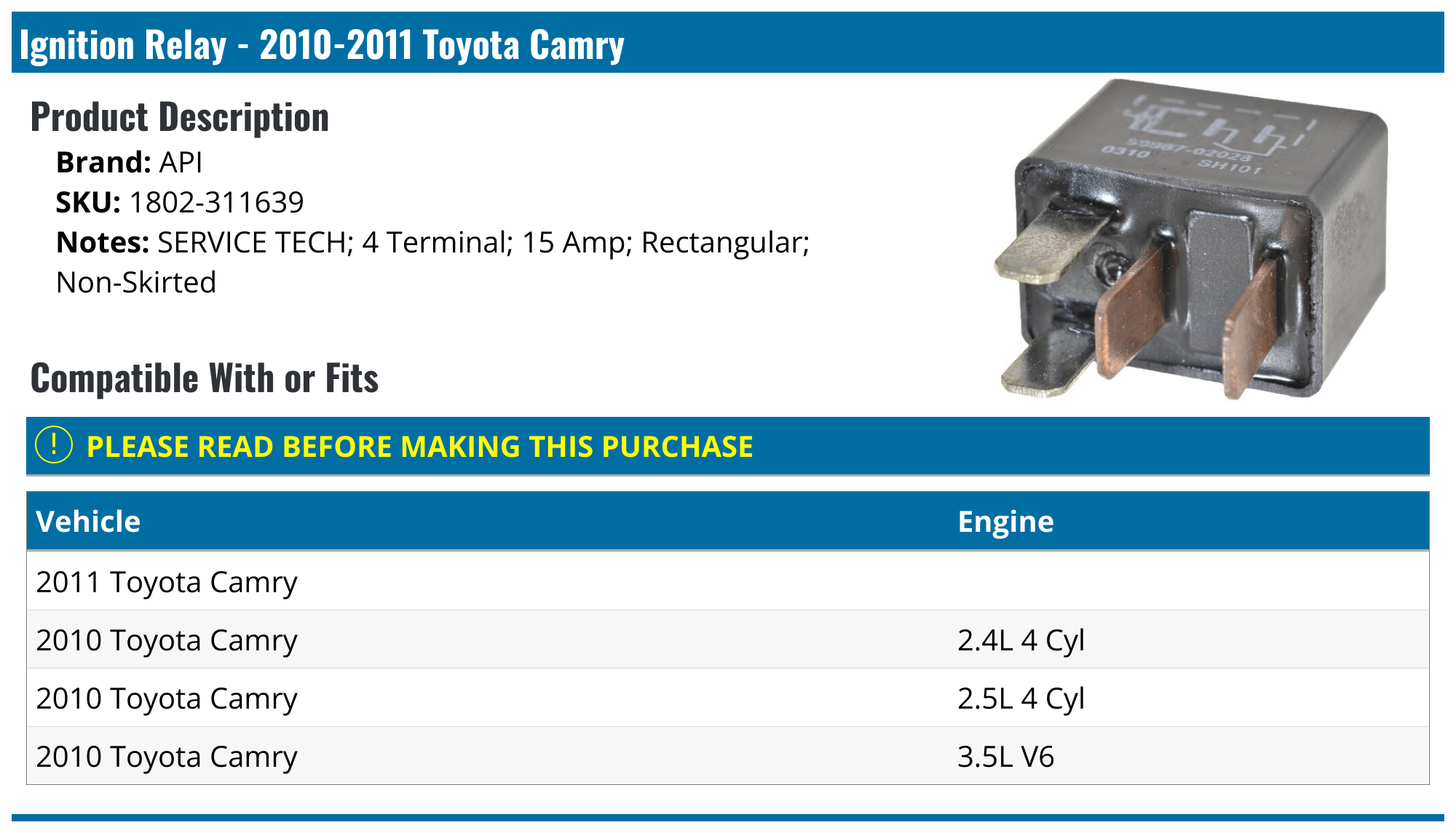 2010-2011 Toyota Camry Ignition Relay - API 30390-07398163 - PartsGeek.com