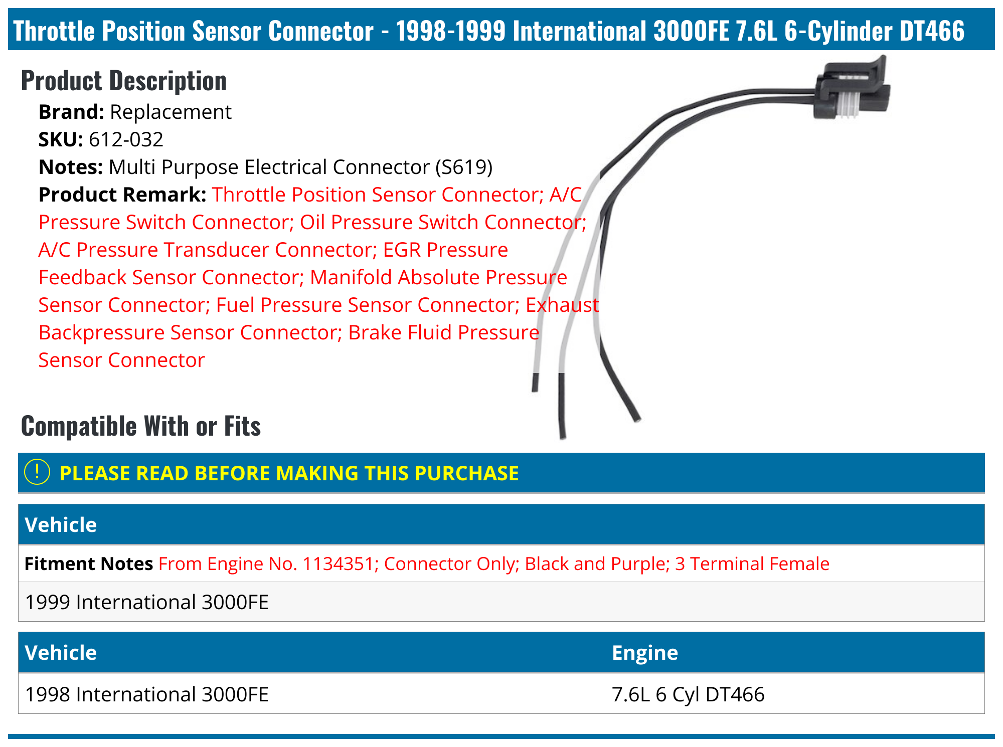 1998-1999 International 3000FE Throttle Position Sensor Connector ...