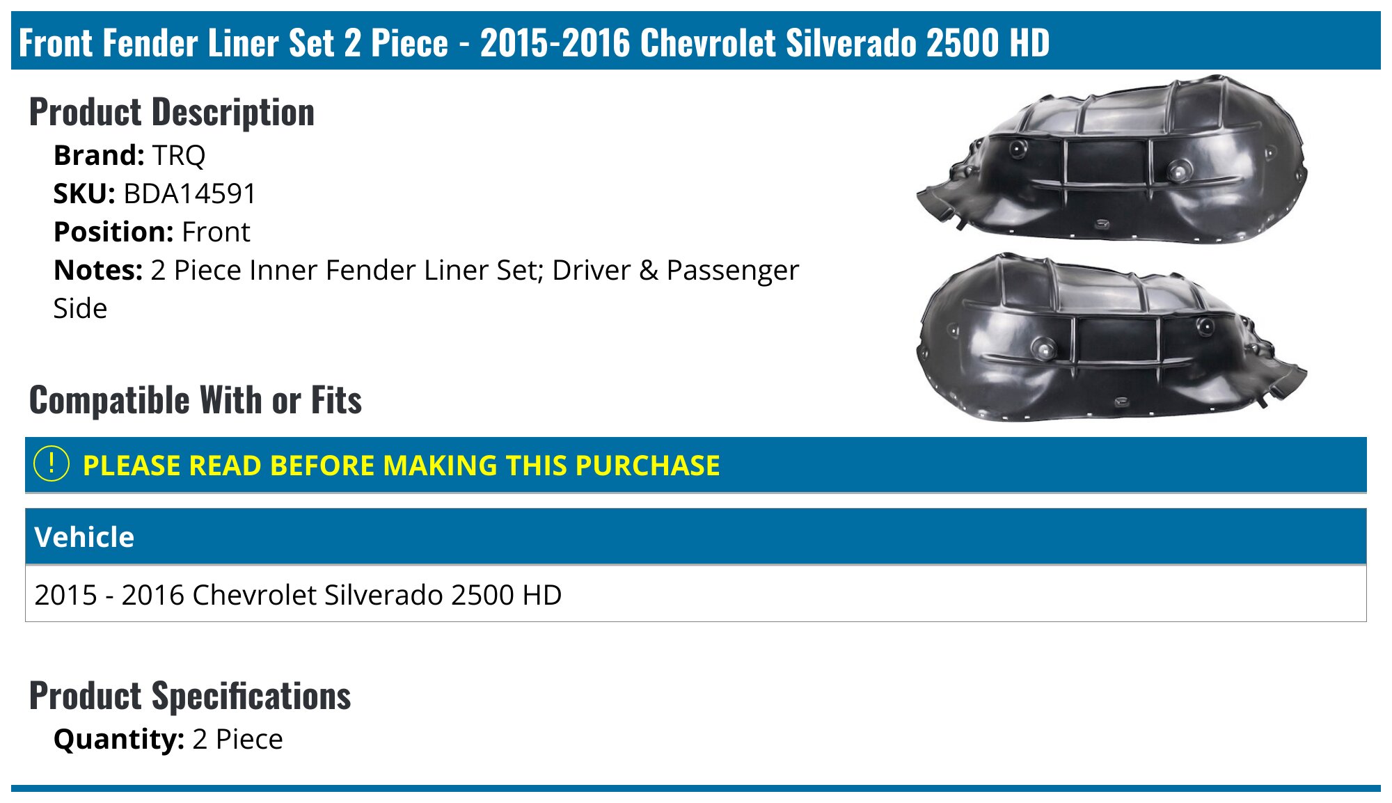 2015-2019 Chevrolet Silverado 2500 HD Fender Liner - TRQ BDA14591 ...