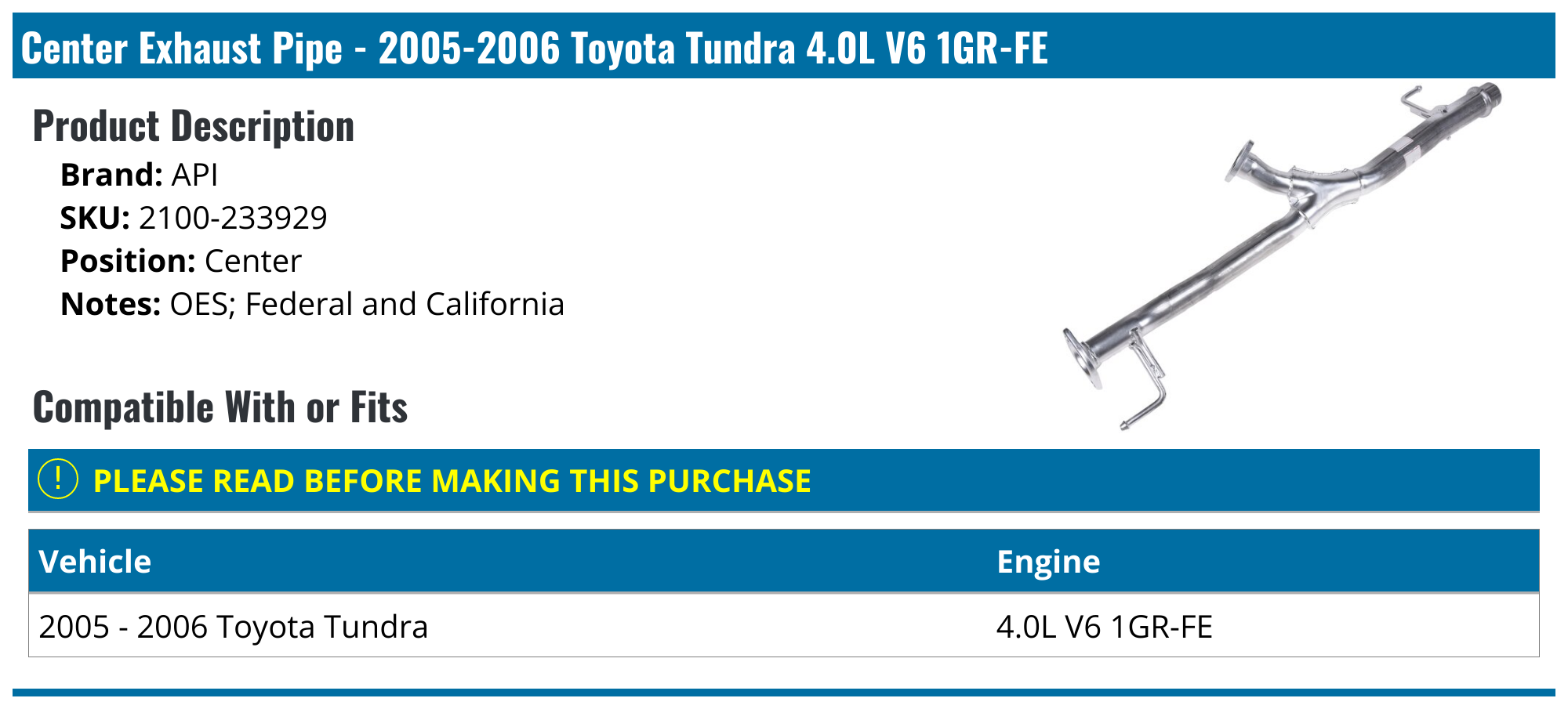 2005-2006 Toyota Tundra Exhaust Pipe - API 18440-07335272 - Center ...
