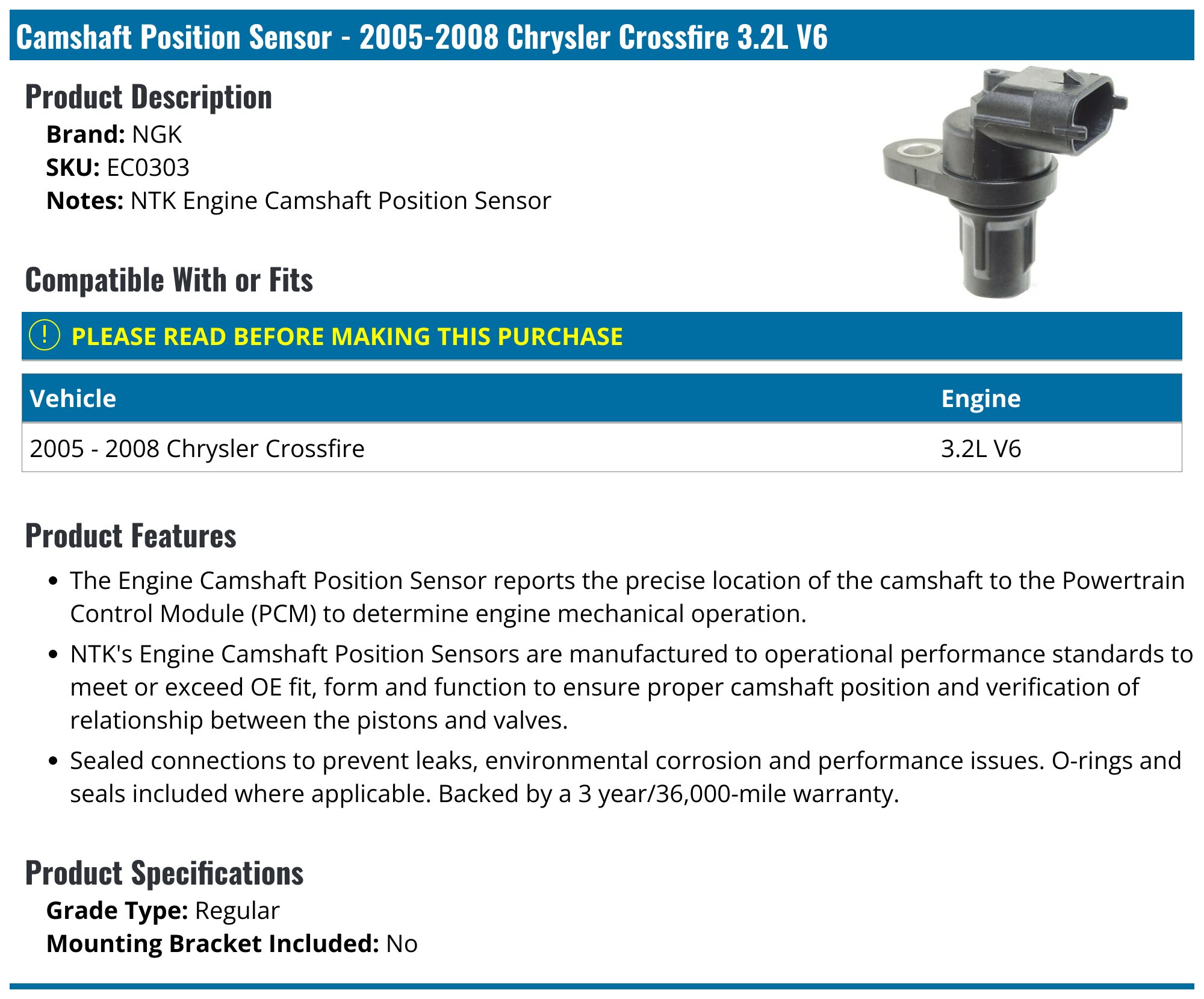 2005-2008 Chrysler Crossfire Camshaft Position Sensor - NGK EC0303 ...