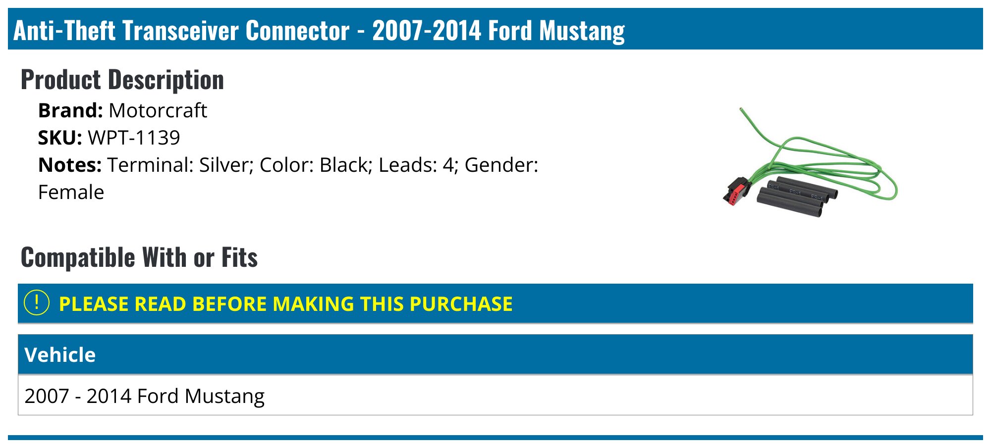 2007-2014 Ford Mustang Anti-Theft Transceiver Connector - Motorcraft ...