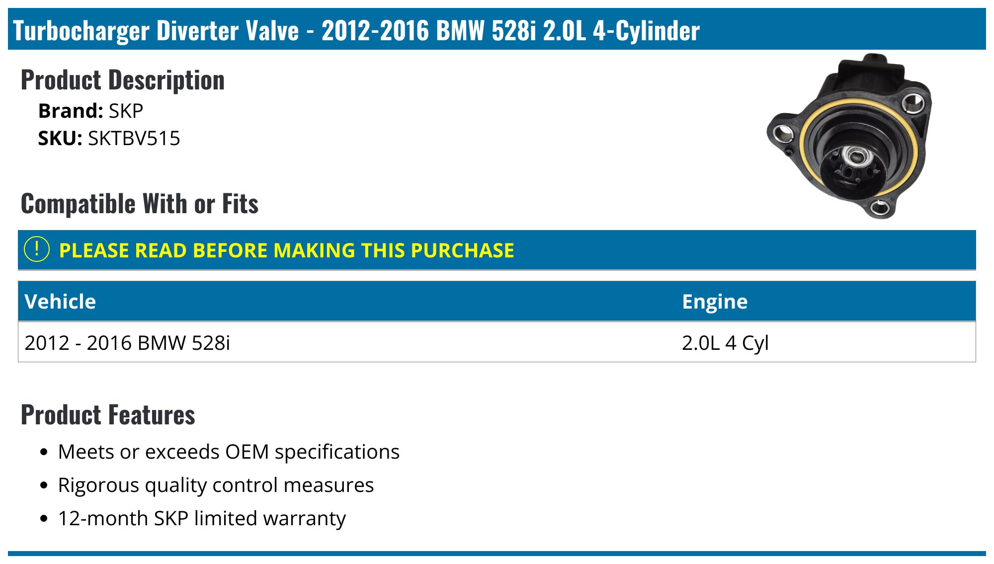 2012-2016 BMW 528i Turbocharger Diverter Valve - SKP SKTBV515 ...