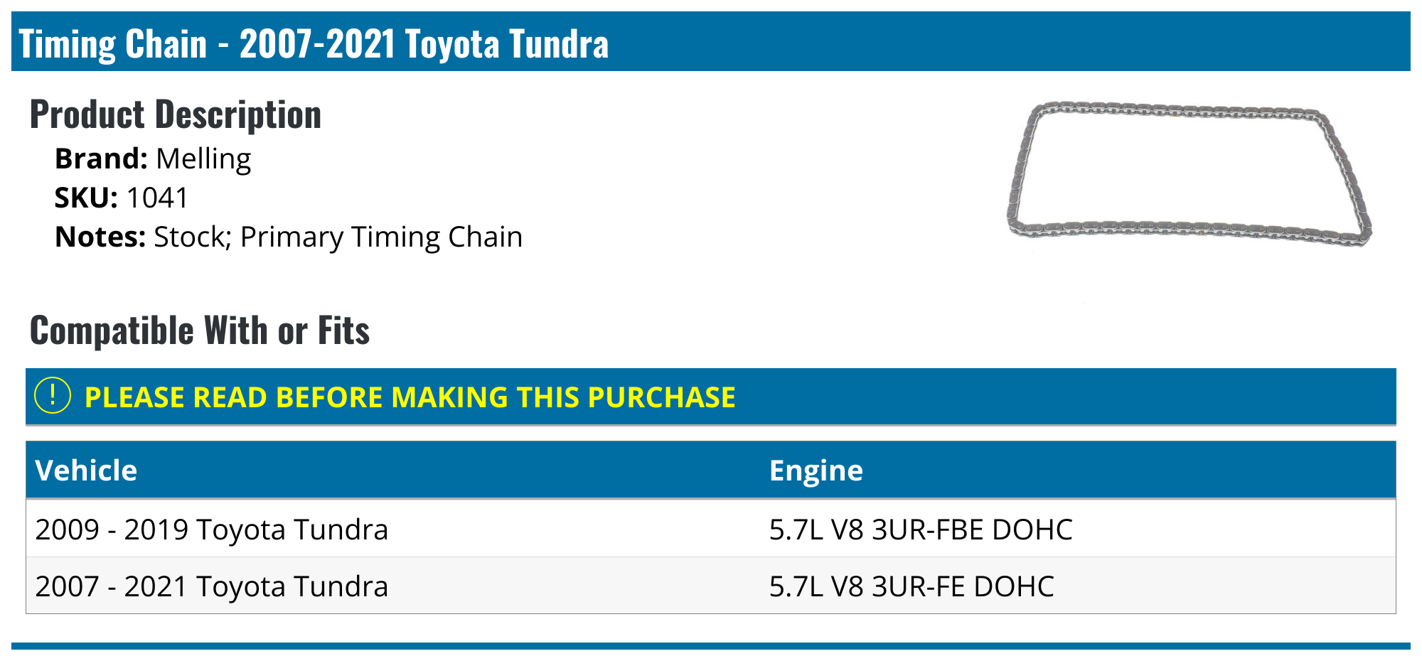 2007-2021 Toyota Tundra Timing Chain - Melling 1041 - PartsGeek.com