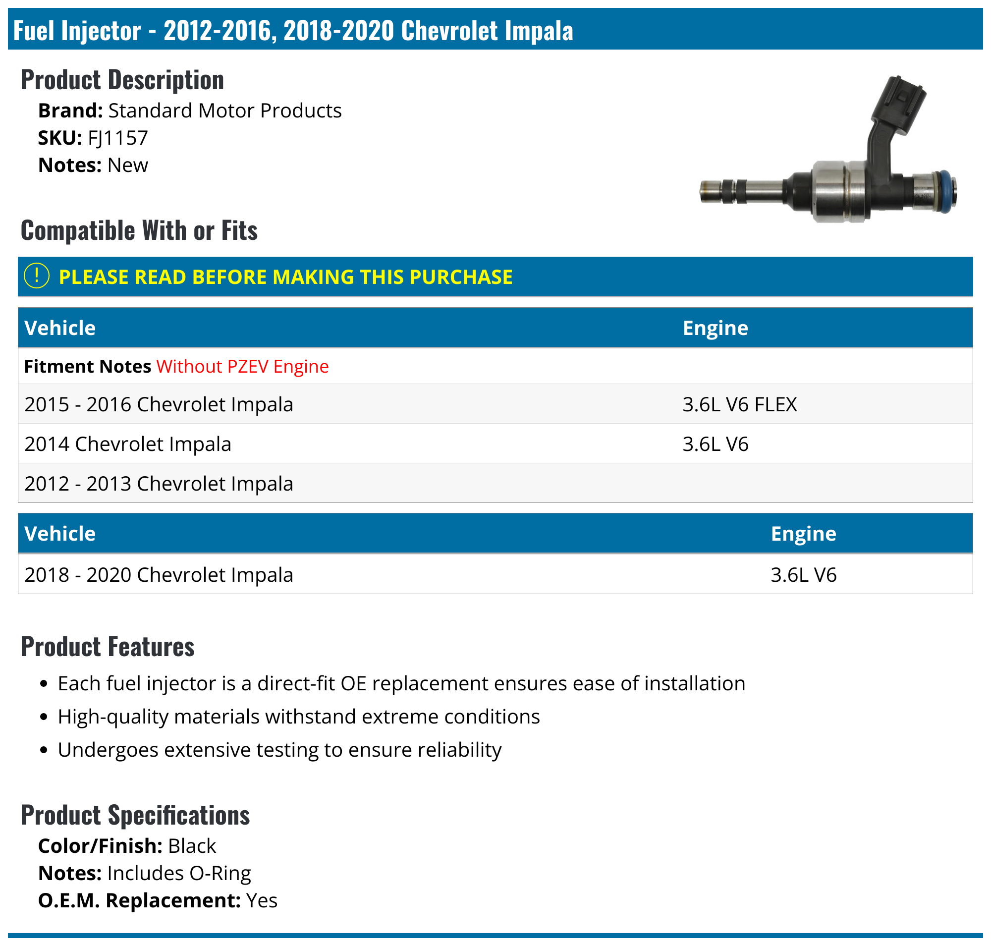 2012-2020 Chevrolet Impala Fuel Injector - Standard Motor Products ...
