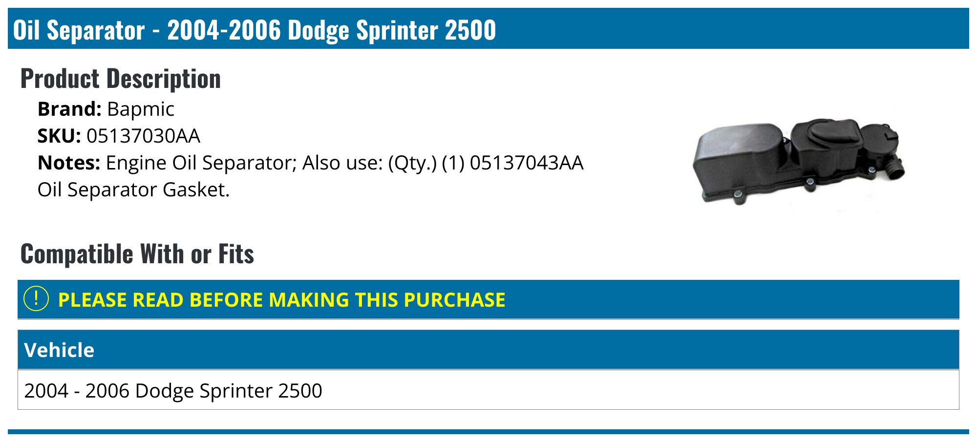 2004-2006 Dodge Sprinter 2500 Oil Separator - Bapmic 05137030AA ...