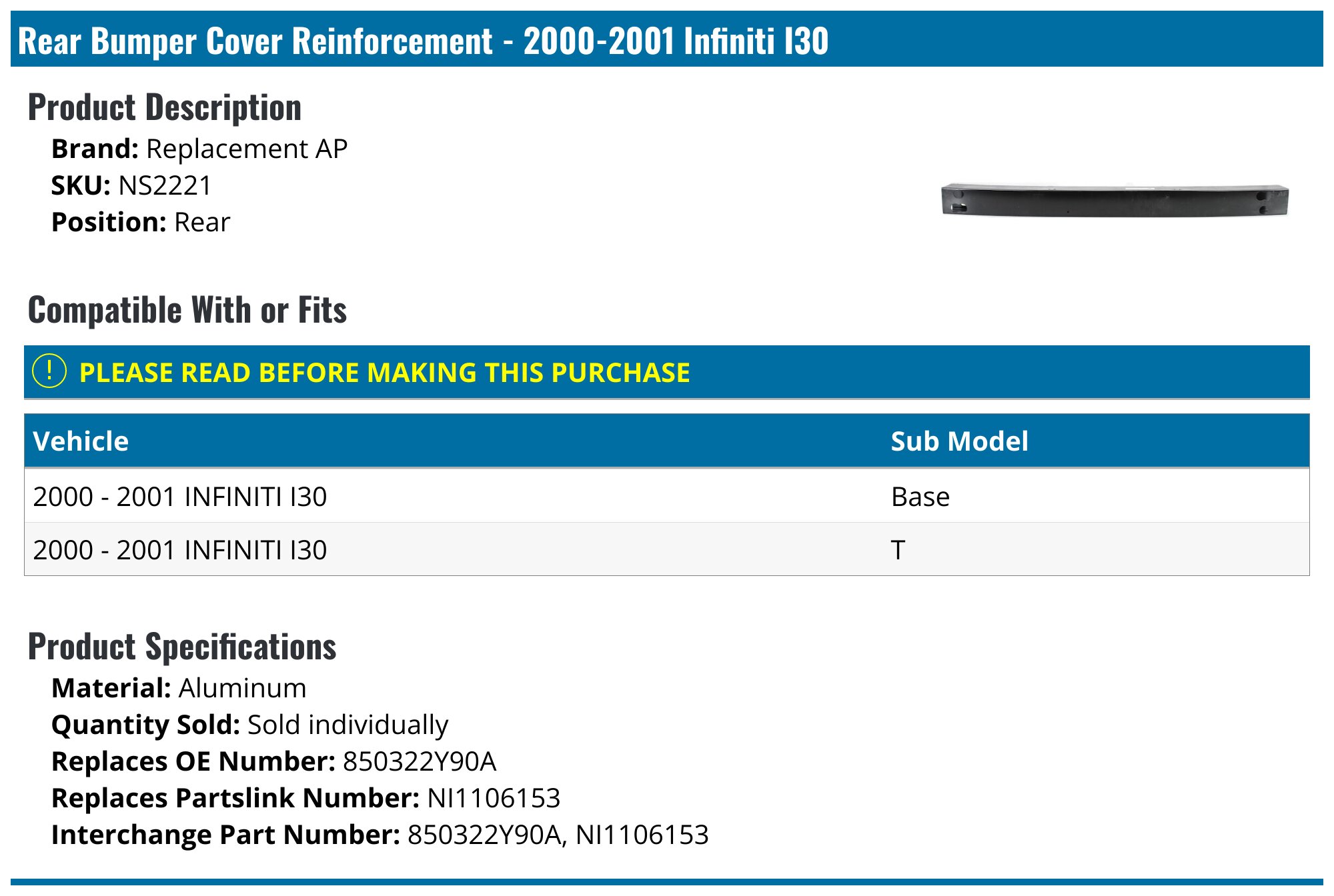 2000-2001 Infiniti I30 Bumper Reinforcement - Replacement AP NS2221 ...