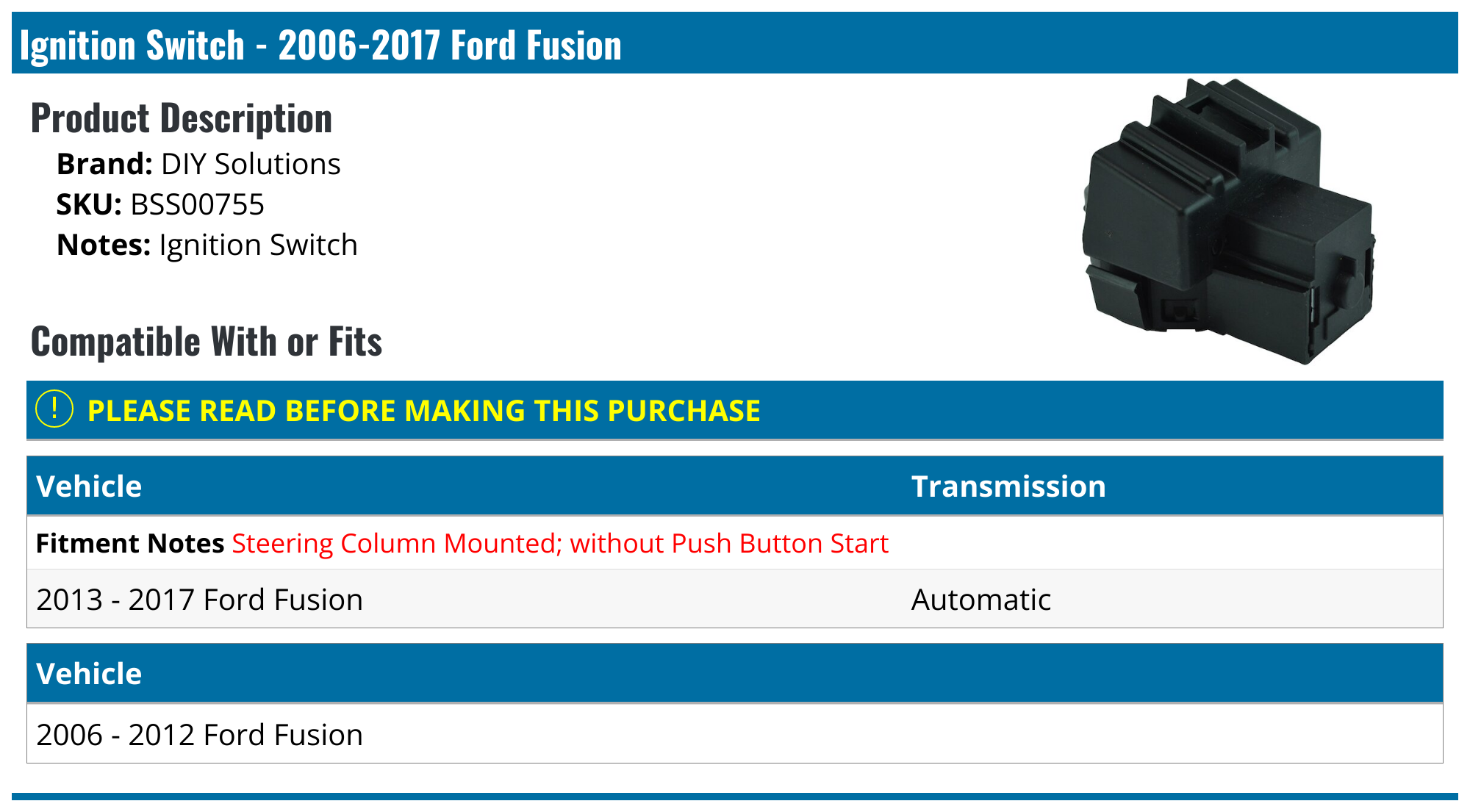 2006-2017 Ford Fusion Ignition Switch - DIY Solutions BSS00755 ...