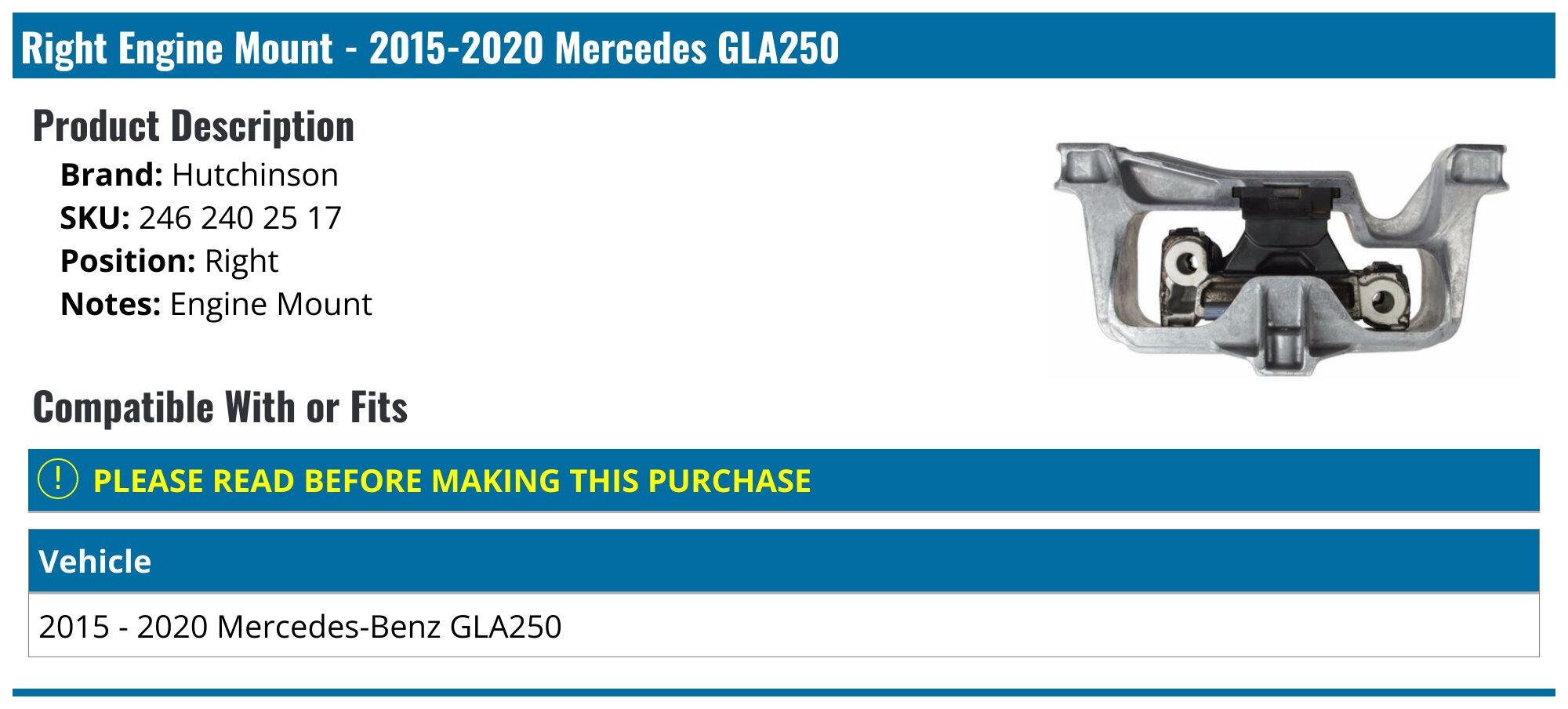 2015-2020 Mercedes GLA250 Engine Mount - Hutchinson 246 240 25 17 ...