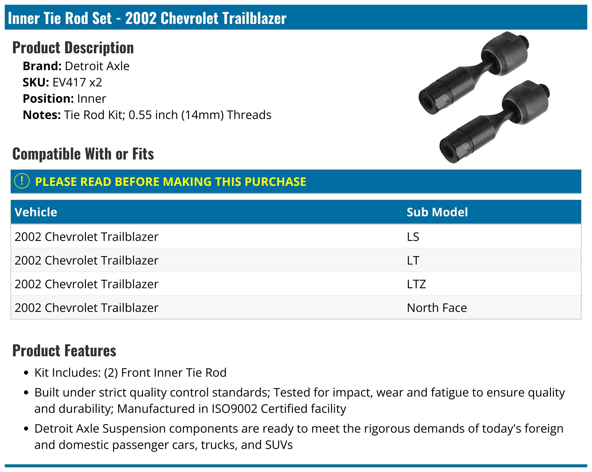2002 Chevrolet Trailblazer Tie Rod - Detroit Axle EV417 x2 - Front ...