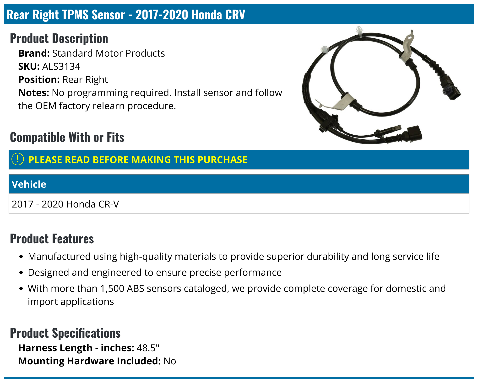 2017-2024 Honda CRV Tire Pressure Monitoring Sensor - Standard Motor ...
