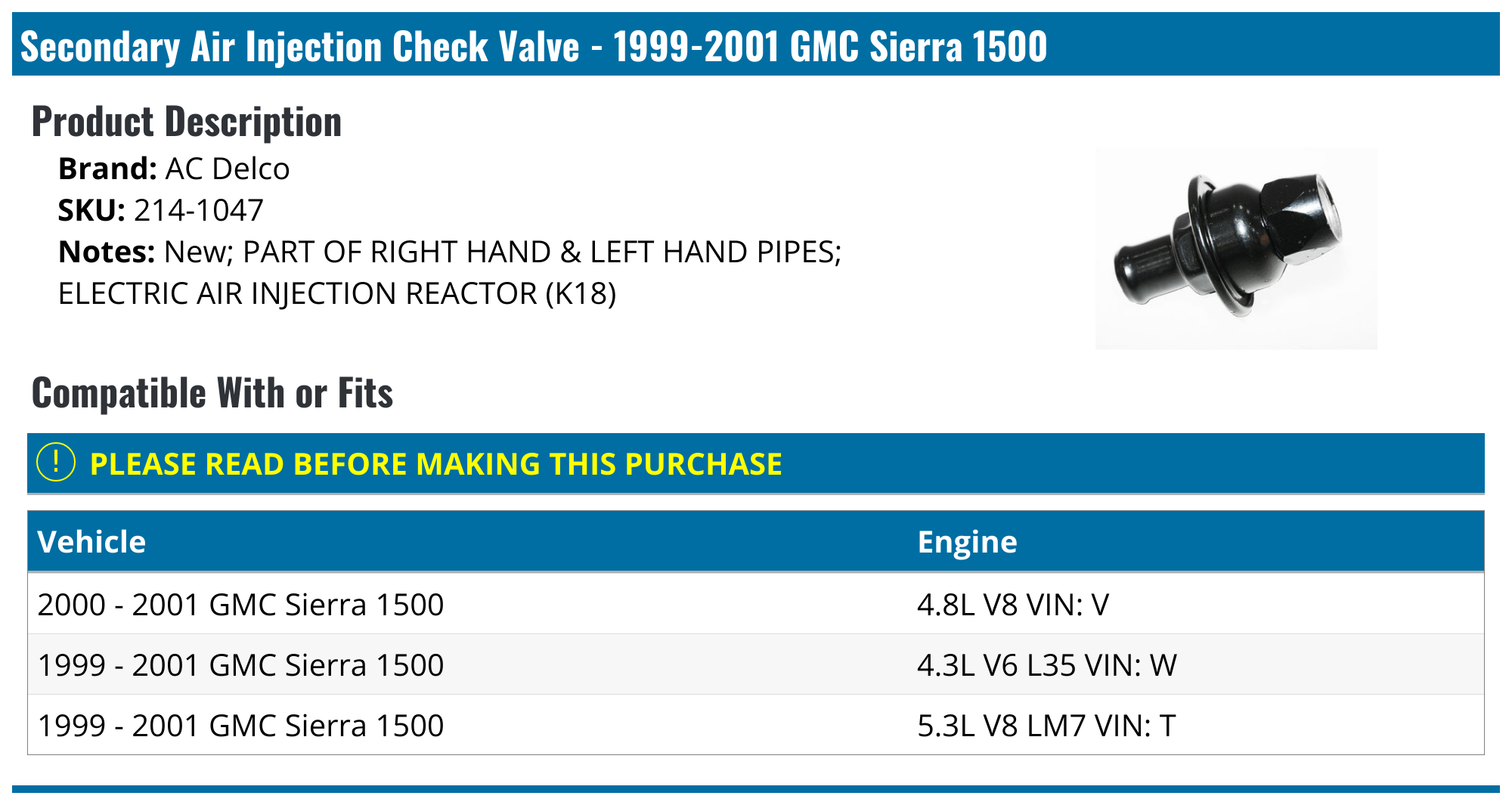 1999-2001 GMC Sierra 1500 Air Pump Check Valve - AC Delco 214-1047 ...