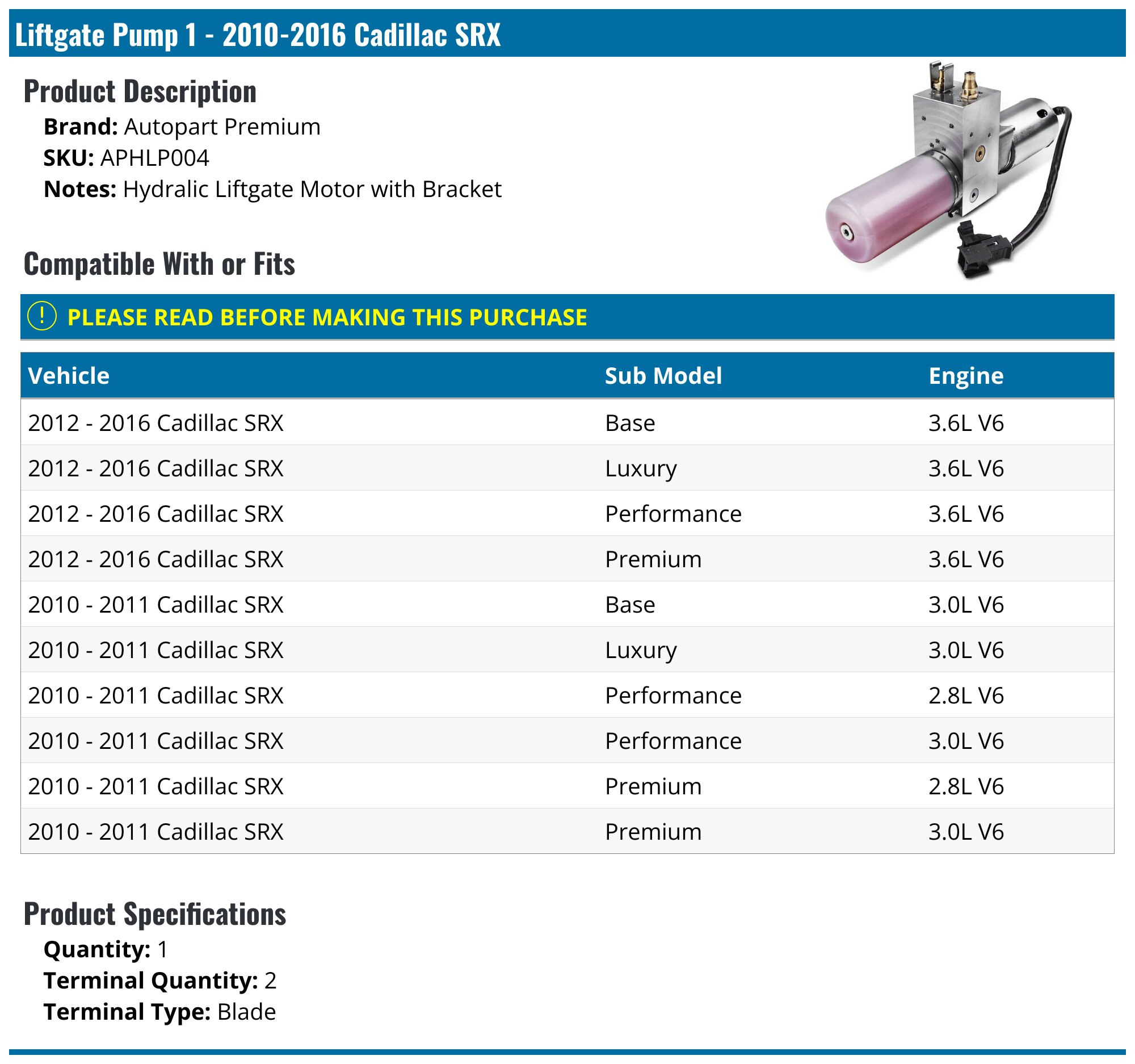 2010-2016 Cadillac SRX Liftgate Pump - Autopart Premium APHLP004 ...