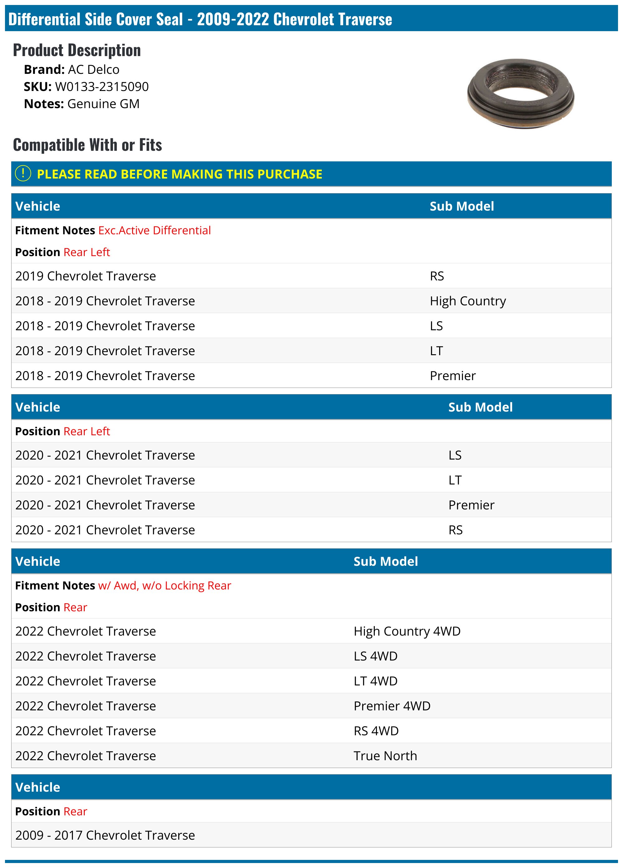 2009-2023 Chevrolet Traverse Differential Side Cover Seal - AC Delco ...