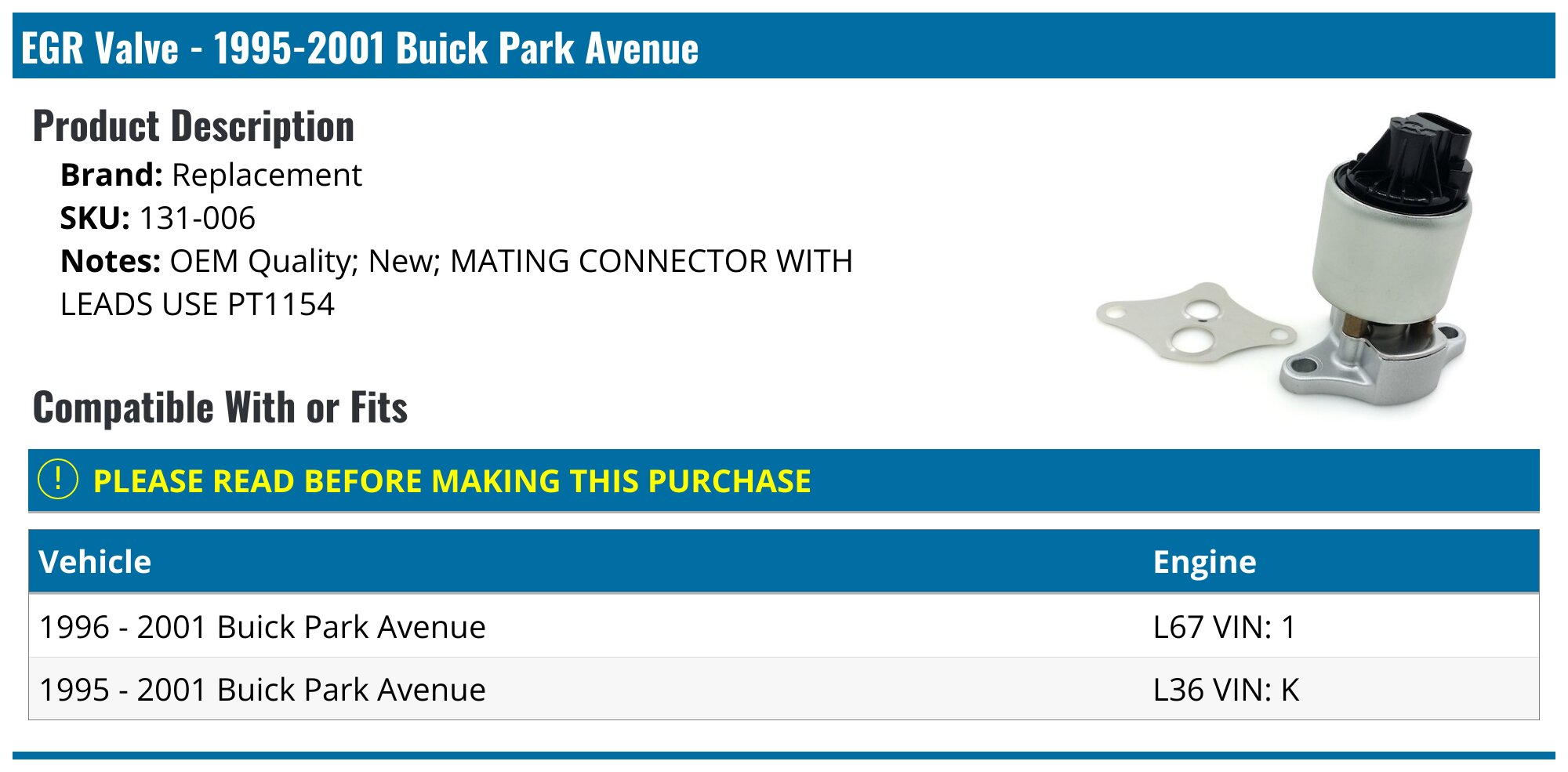 1995 2001 Buick Park Avenue Egr Valve Replacement 131 006 Partsgeek