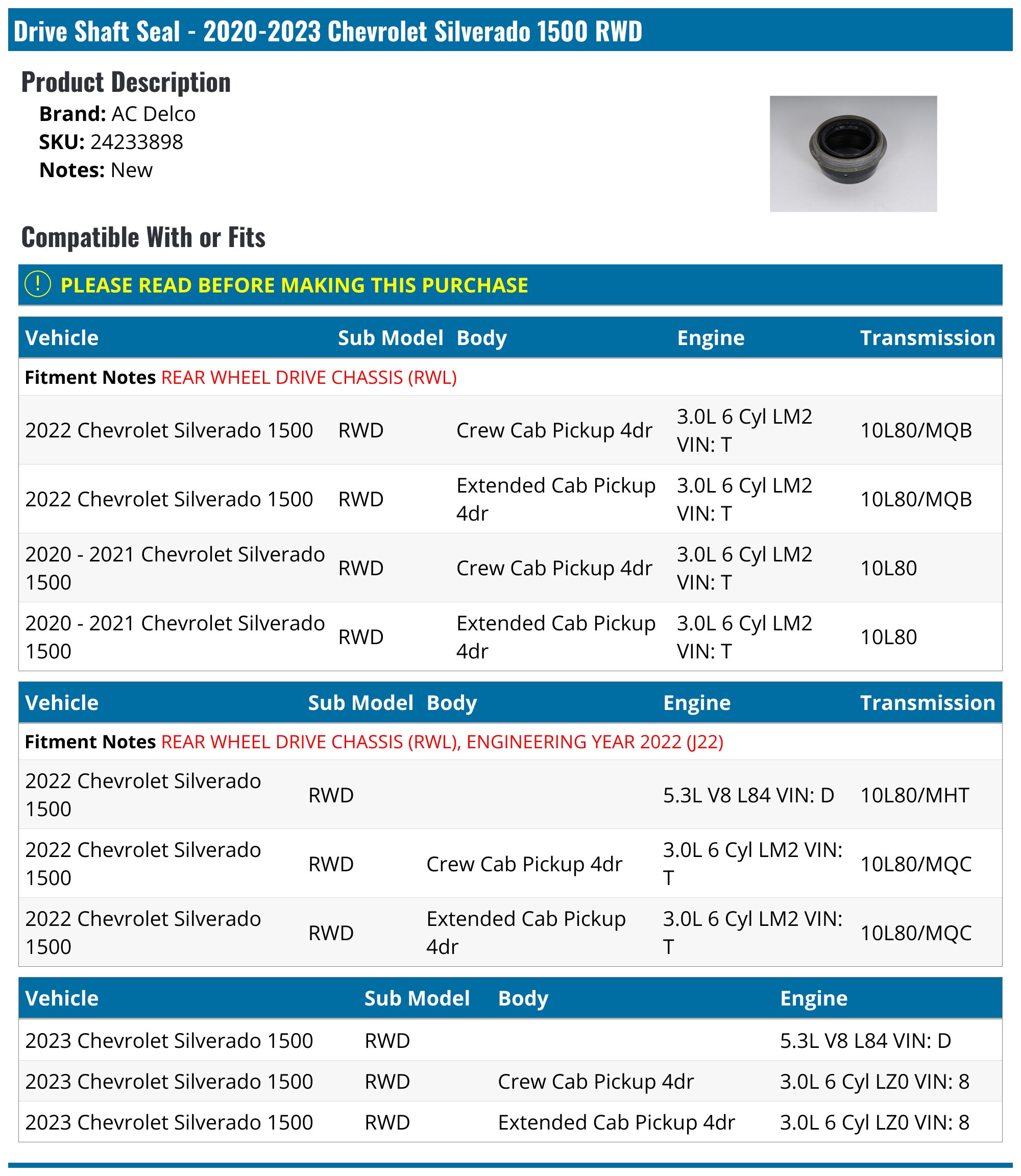 2020-2025 Chevrolet Silverado 1500 Drive Shaft Seal - AC Delco 24233898 ...