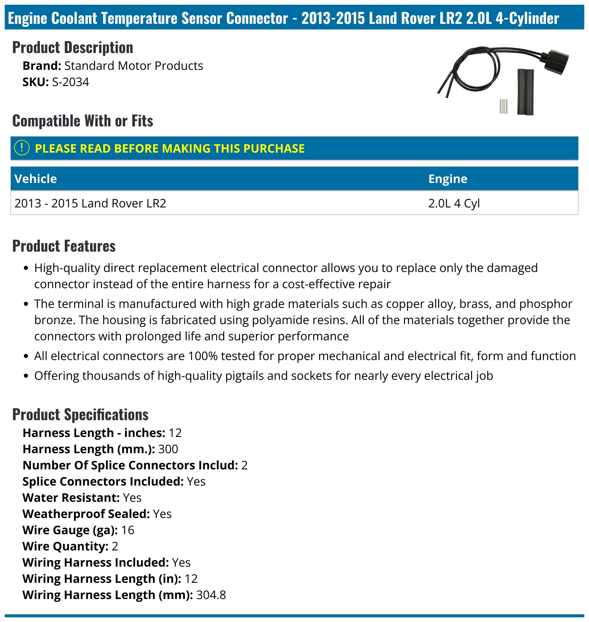 2013-2015 Land Rover LR2 Engine Coolant Temperature Sensor Connector ...