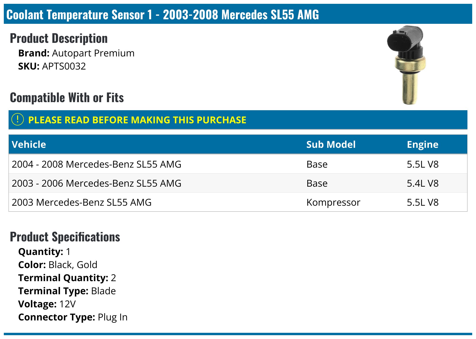 2003-2008 Mercedes SL55 AMG Engine Coolant Temperature Sensor ...