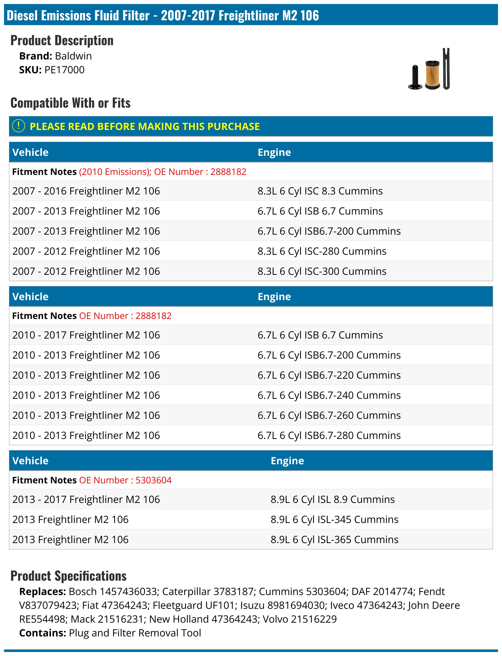 2007-2017 Freightliner M2 106 Diesel Emissions Fluid Urea Filter ...