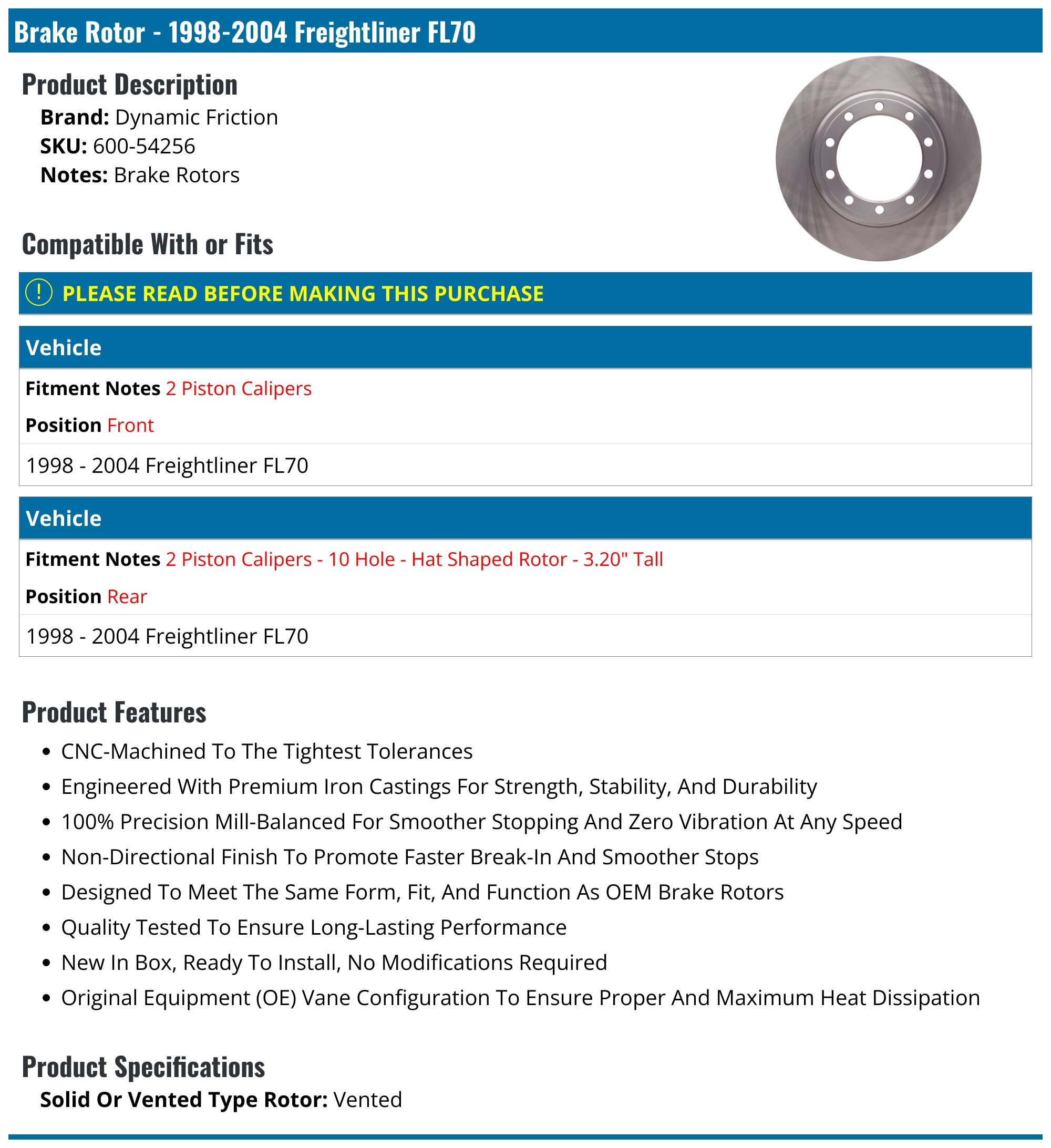 1998-2005 Freightliner FL70 Brake Rotor - Dynamic Friction 600-54256 ...