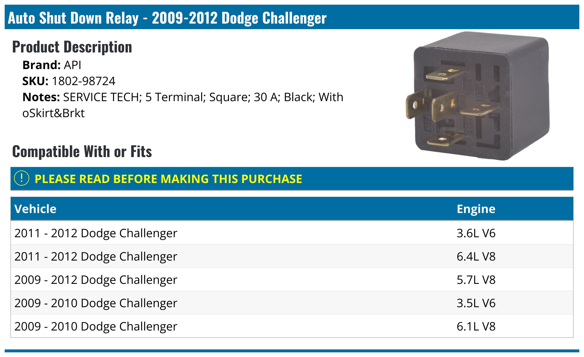 2009-2012 Dodge Challenger Auto Shut Down Relay - API 30139-07666281 ...