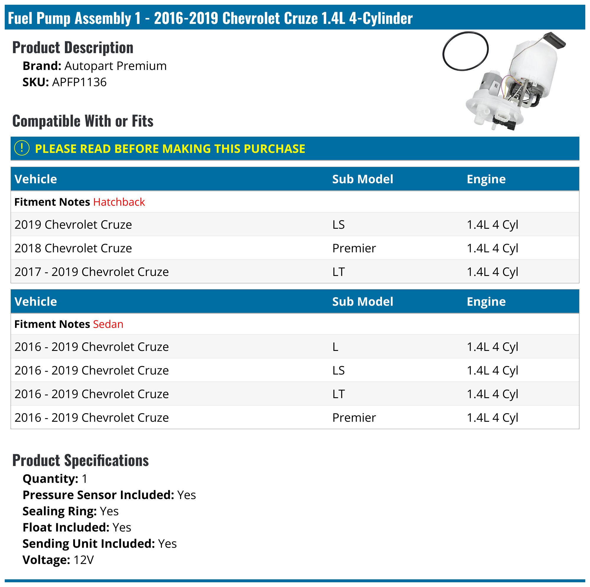 2016-2019 Chevrolet Cruze Fuel Pump - Autopart Premium APFP1136 ...