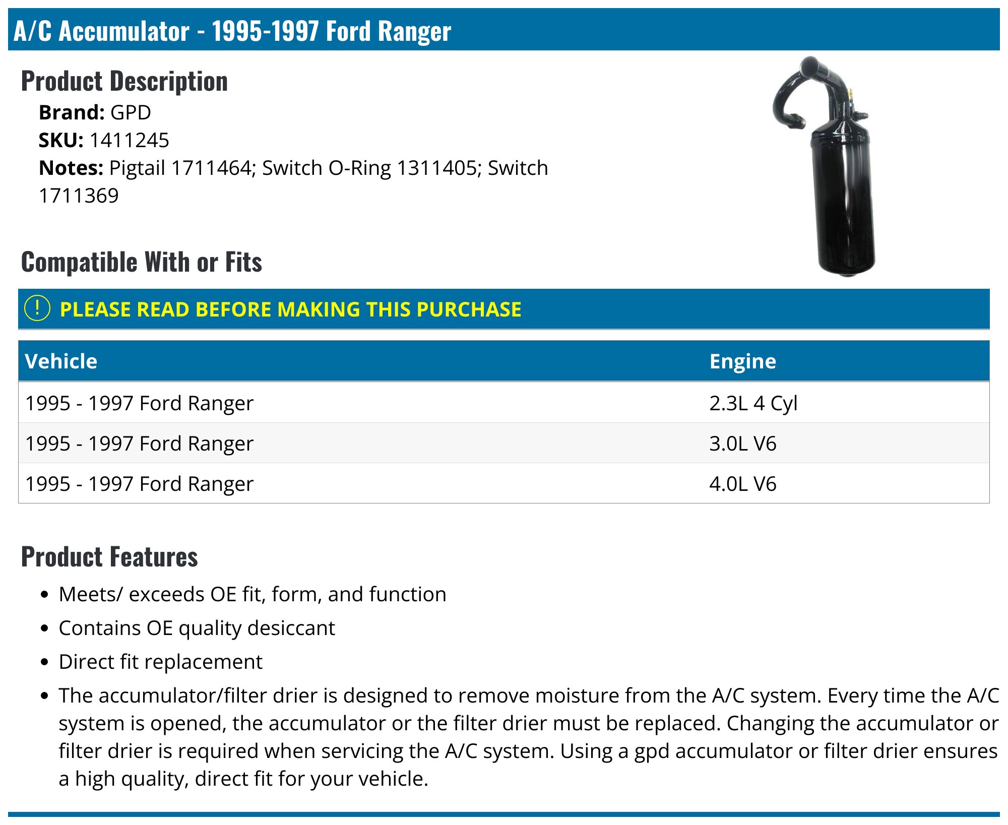 1995-1997 Ford Ranger A/C Accumulator - GPD 1411245 - PartsGeek.com