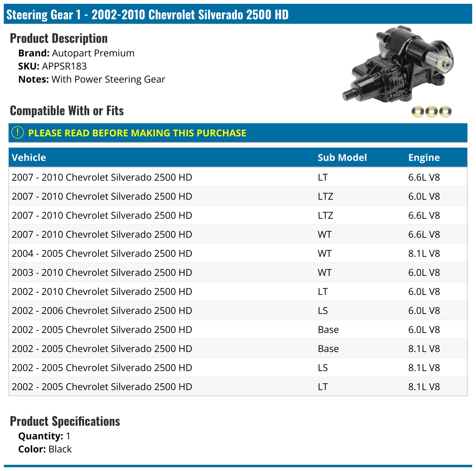2002-2010 Chevrolet Silverado 2500 HD Steering Rack - Autopart Premium ...