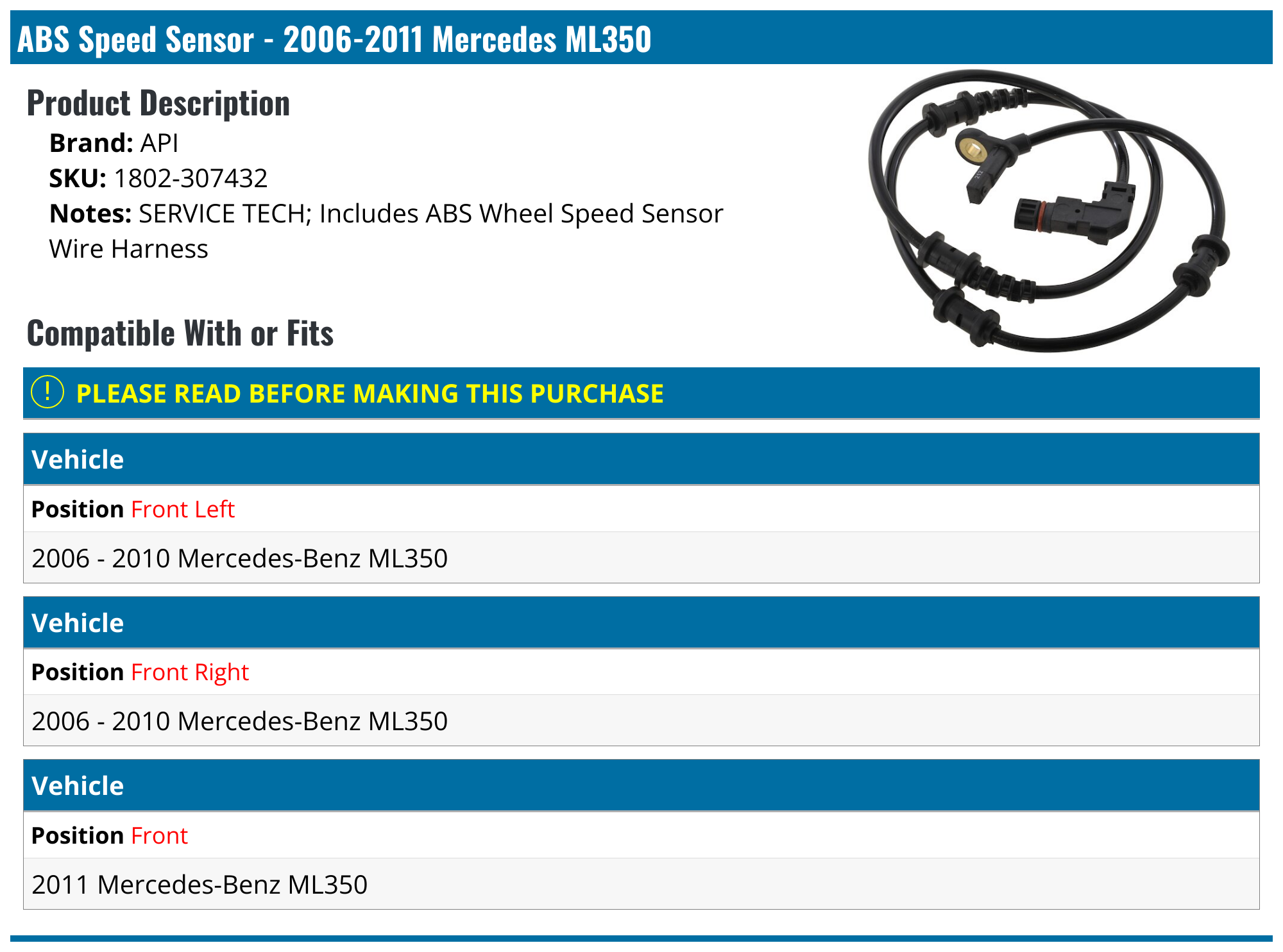 2006-2011 Mercedes ML350 ABS Speed Sensor - API 18584-07457890 - Front ...