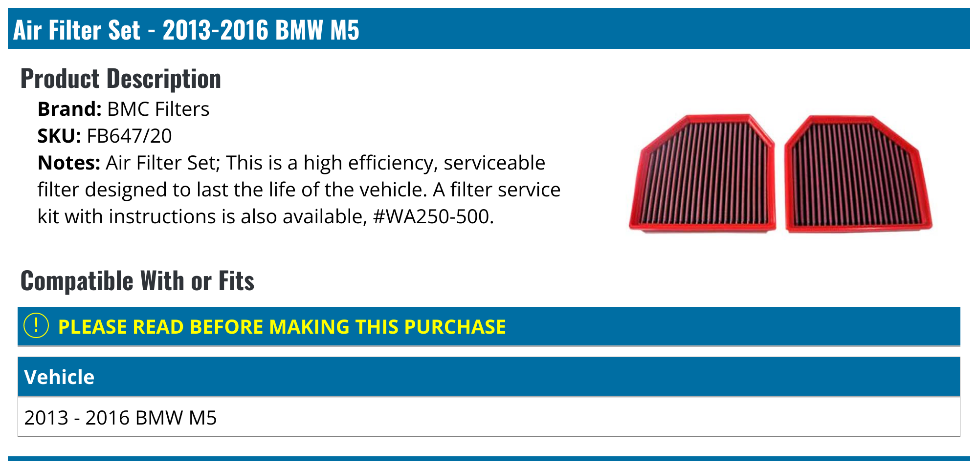 2013-2016 BMW M5 Air Filter - BMC Filters FB647/20 - PartsGeek.com