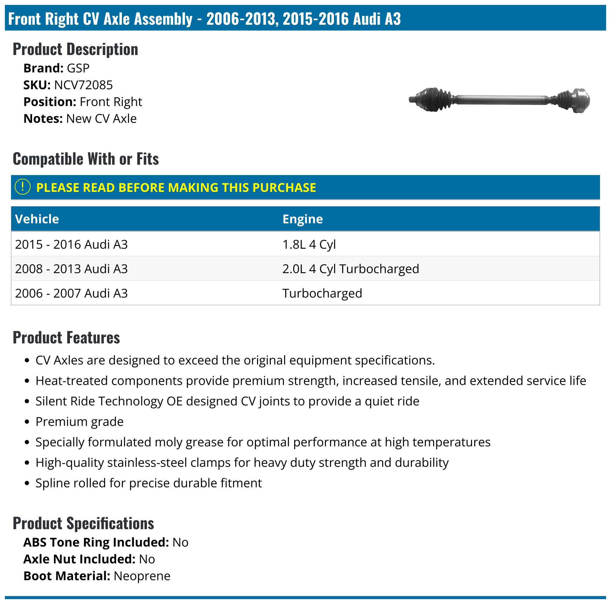 2006-2013, 2015-2016 Audi A3 Axle Assembly - GSP NCV72085 - Front Right ...