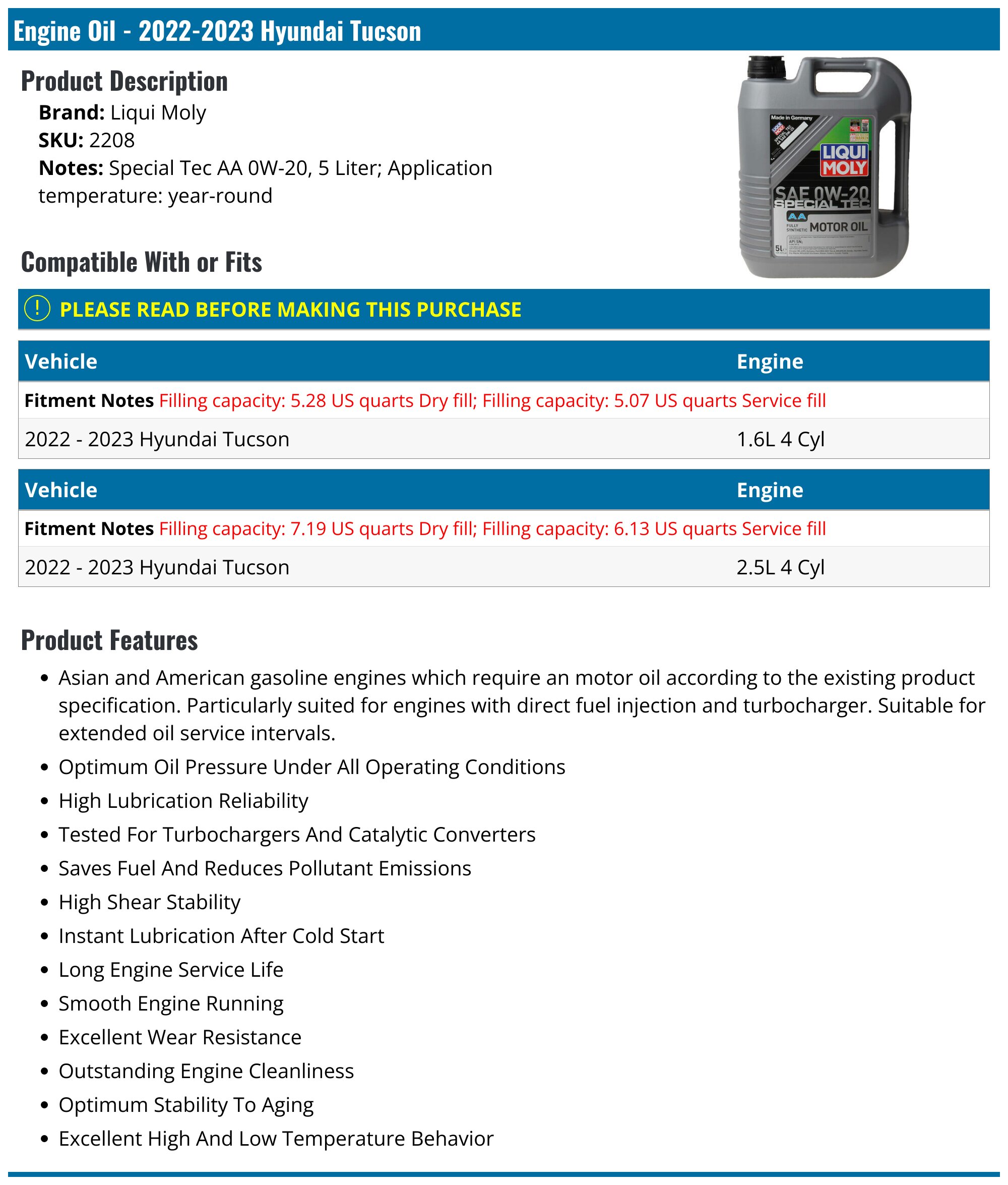 2022-2026 Hyundai Tucson Engine Oil - Liqui Moly 2208 - PartsGeek.com