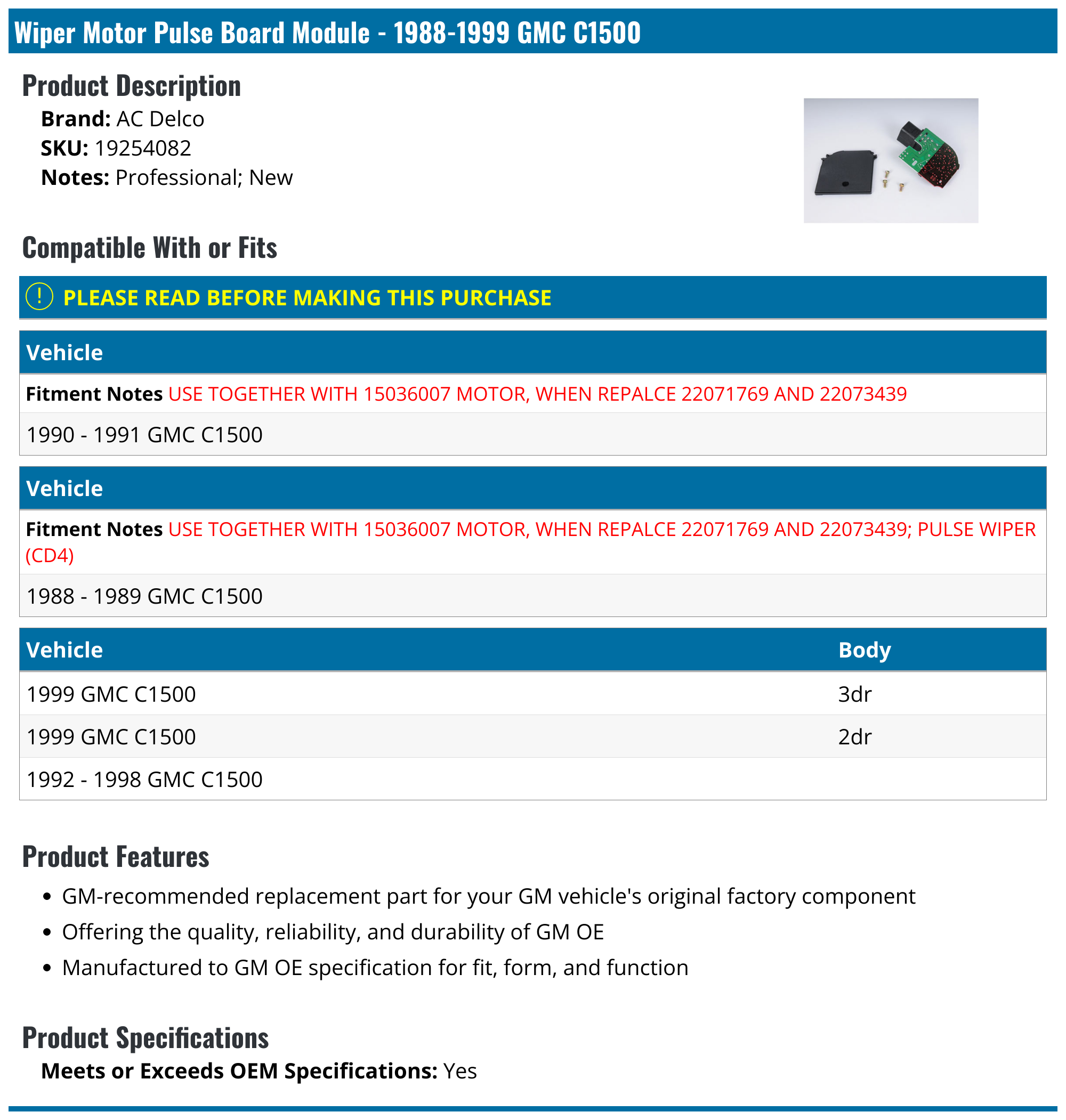 1988-1999 GMC C1500 Wiper Motor Pulse Board Module - AC Delco 19254082 ...