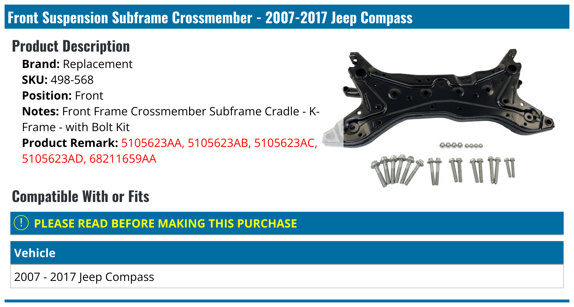 2007-2017 Jeep Compass Suspension Crossmember - Replacement 498-568 ...