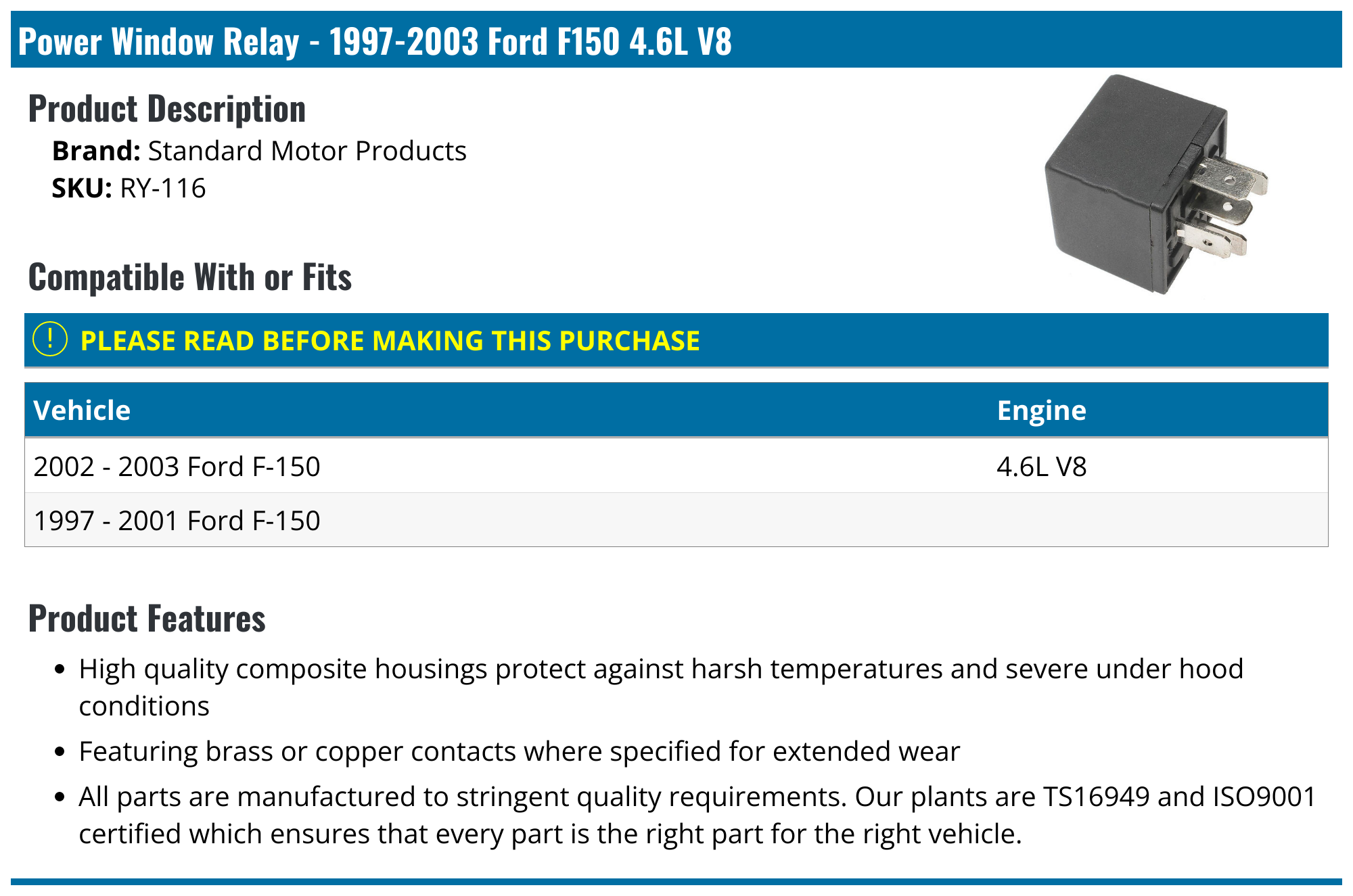 1997-2003 Ford F150 Power Window Relay - Standard Motor Products RY-116 ...
