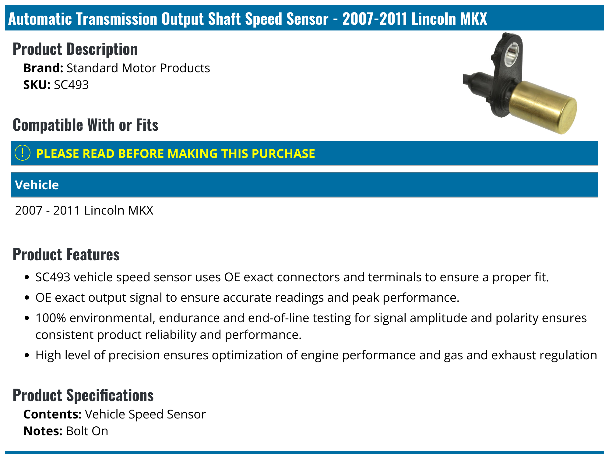 2007-2018 Lincoln MKX Automatic Transmission Output Shaft Speed Sensor ...