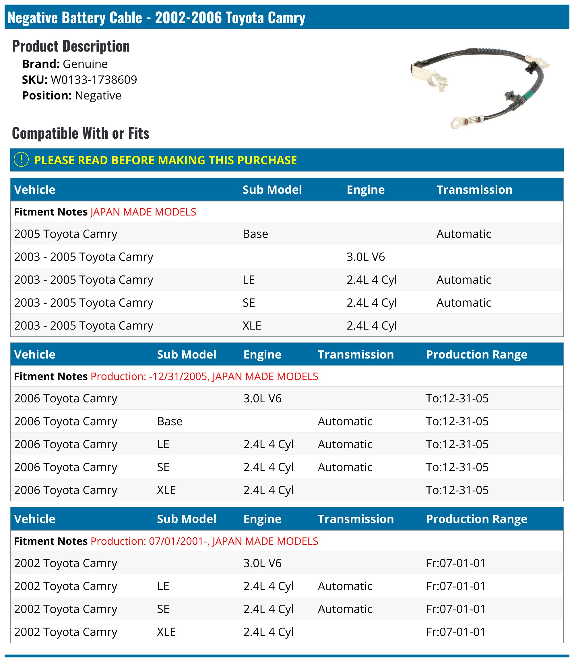 2002-2006 Toyota Camry Battery Cable - Genuine W0133-1738609 - Negative ...