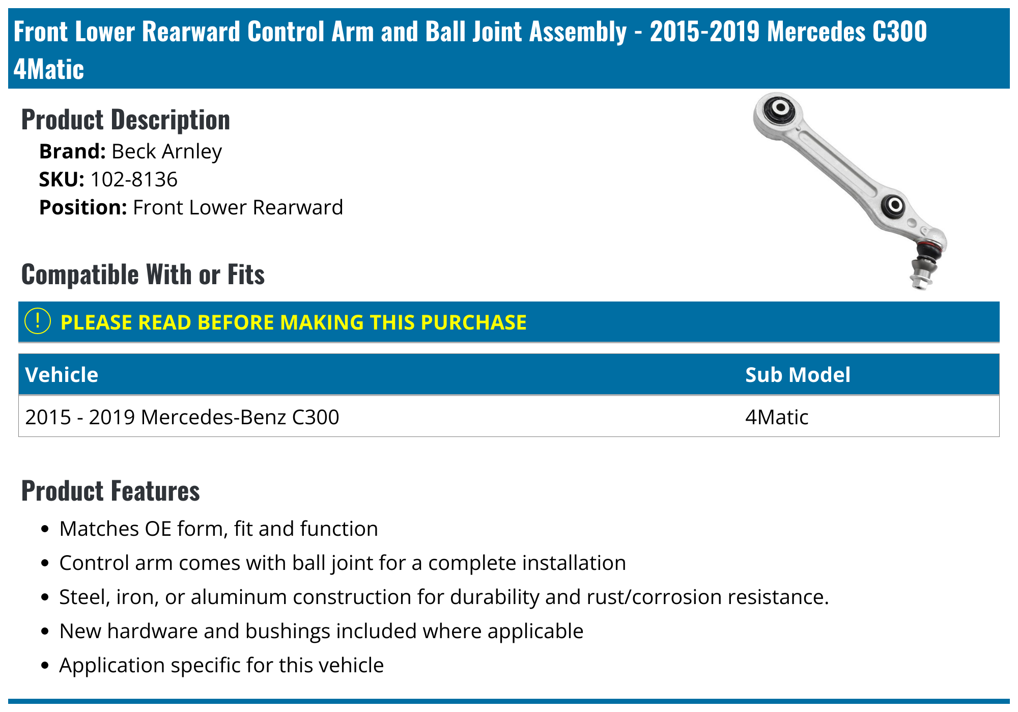 2015-2023 Mercedes C300 Control Arm - Beck Arnley 102-8136 - Front ...