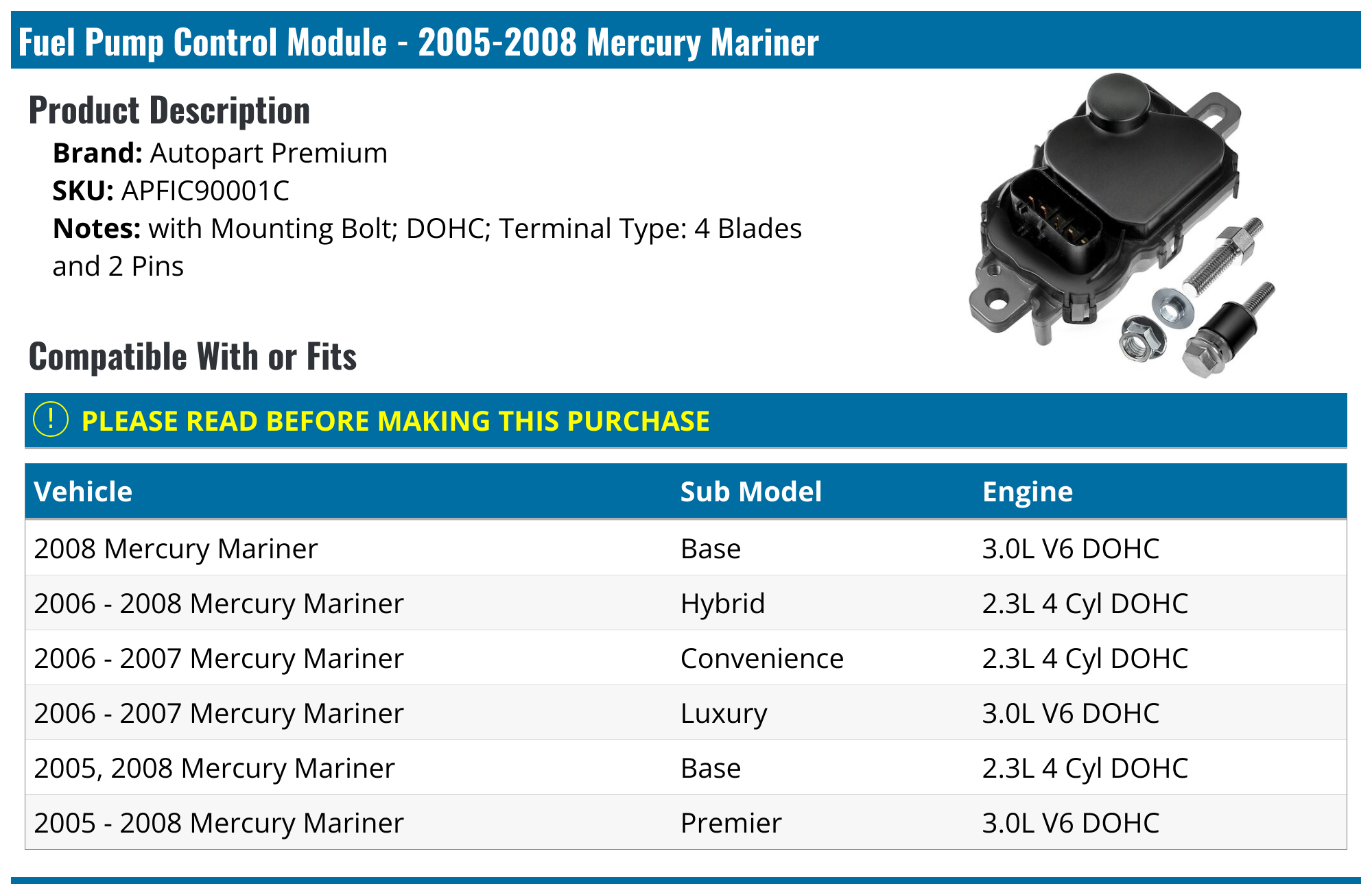 2005-2008 Mercury Mariner Fuel Pump Control Module - Autopart Premium ...