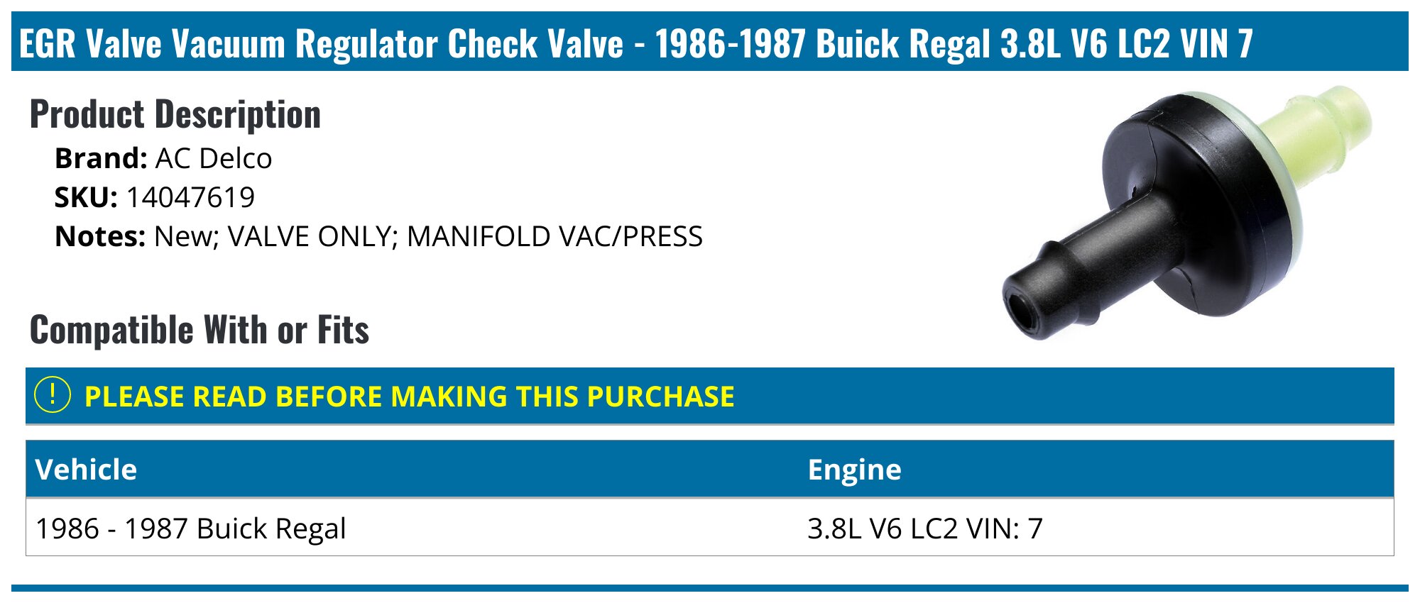 1986 1987 Buick Regal Egr Valve Vacuum Regulator Check Valve Ac Delco