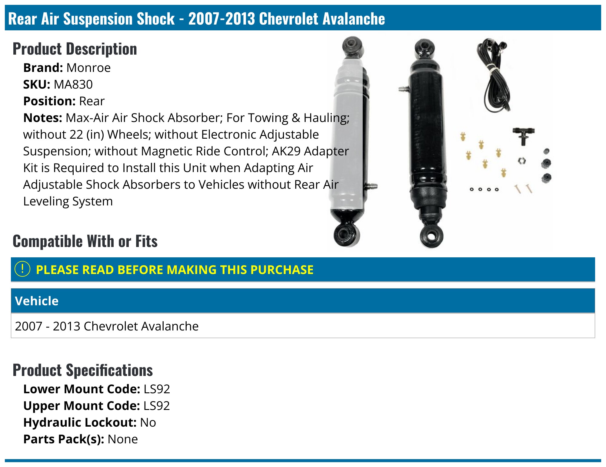 2007-2013 Chevrolet Avalanche Shock Absorber - Monroe MA830 - Rear ...