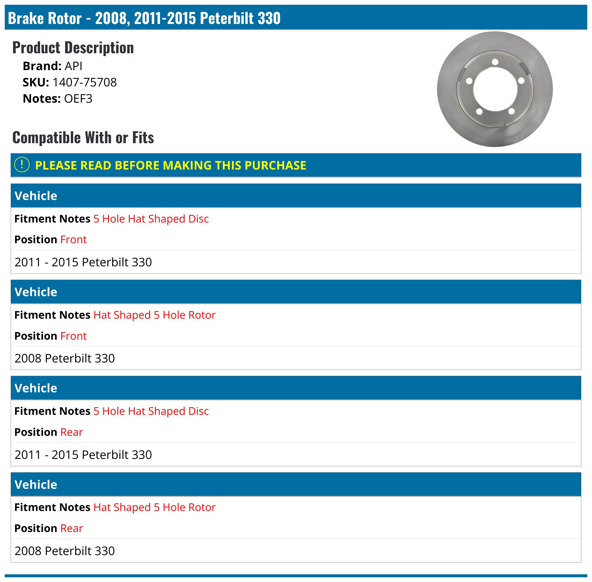2008, 2011-2015 Peterbilt 330 Brake Rotor - API 29948-02614745 - Front ...