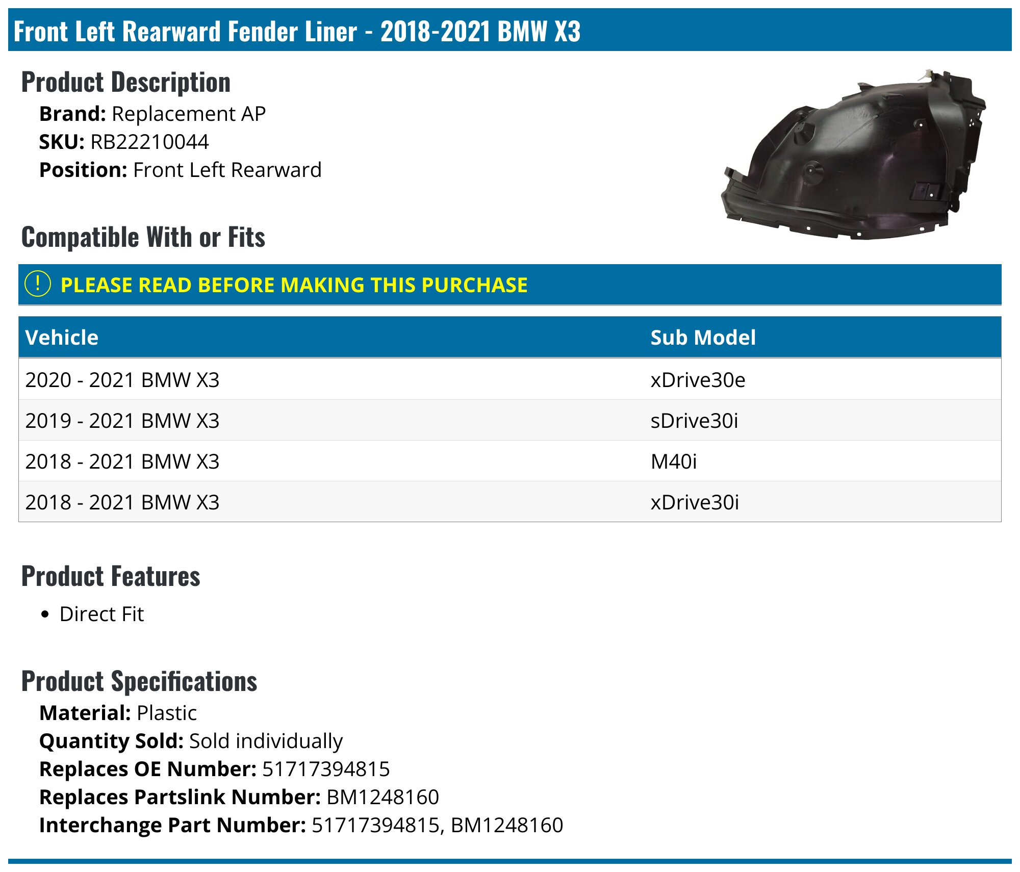 2018-2023 BMW X3 Fender Liner - Replacement AP RB22210044 - Front Left ...