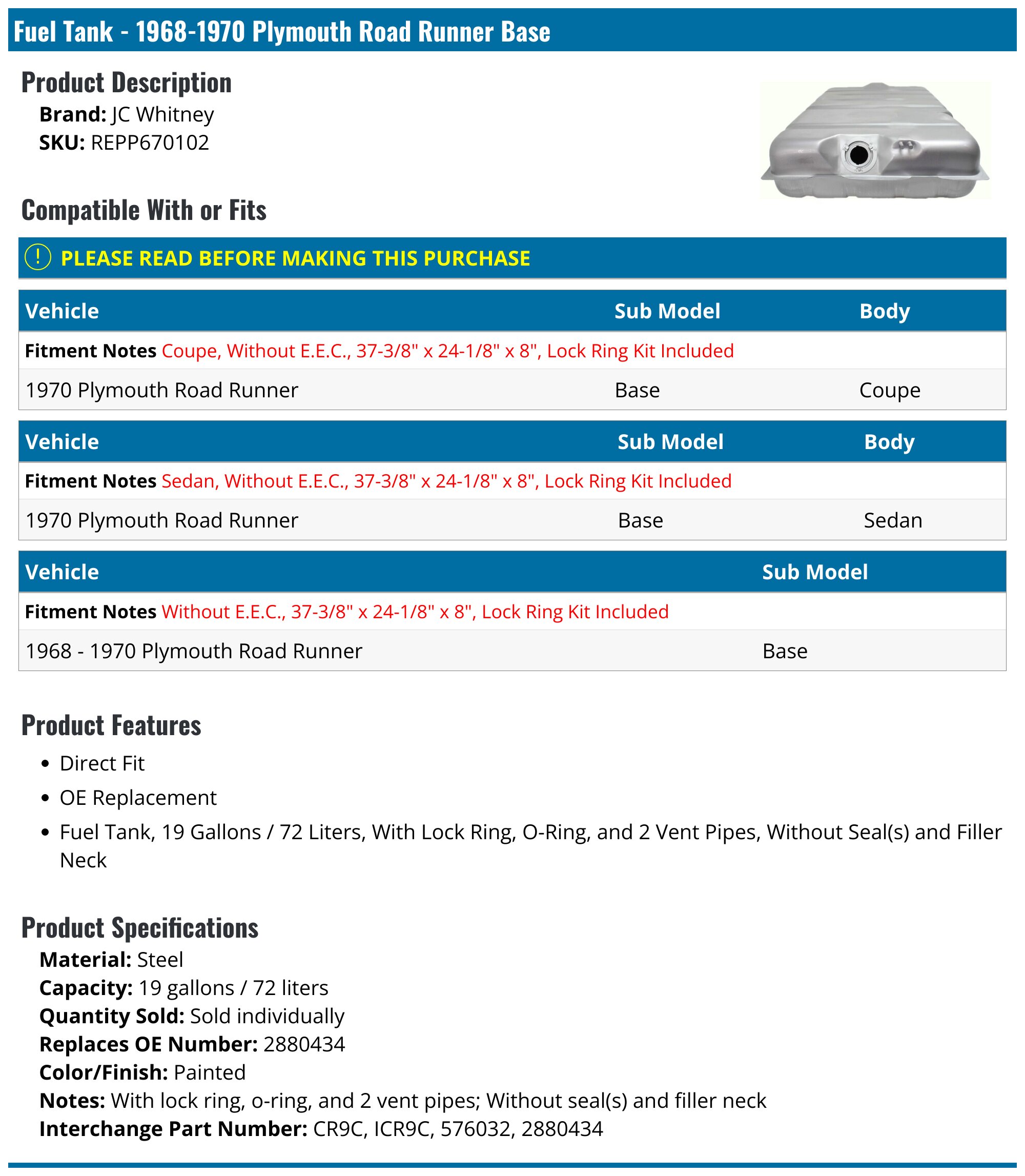 1968-1970 Plymouth Road Runner Fuel Tank - JC Whitney REPP670102 ...