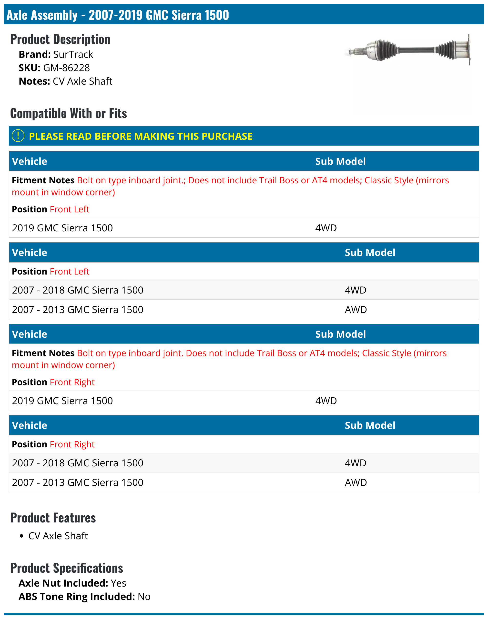 2007-2019 GMC Sierra 1500 Axle Assembly - SurTrack GM-86228 - Front ...