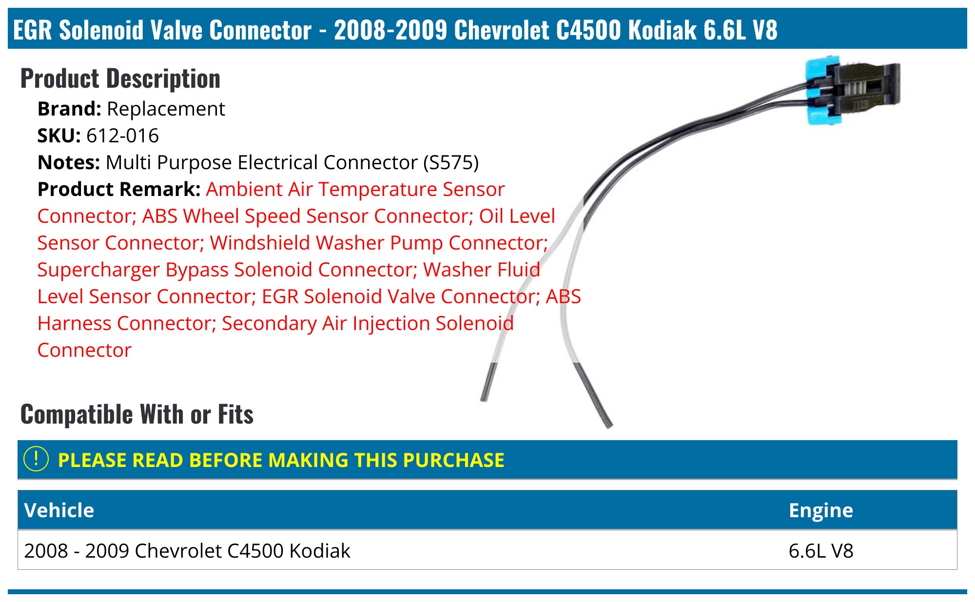 2008-2009 Chevrolet C4500 Kodiak EGR Solenoid Valve Connector ...