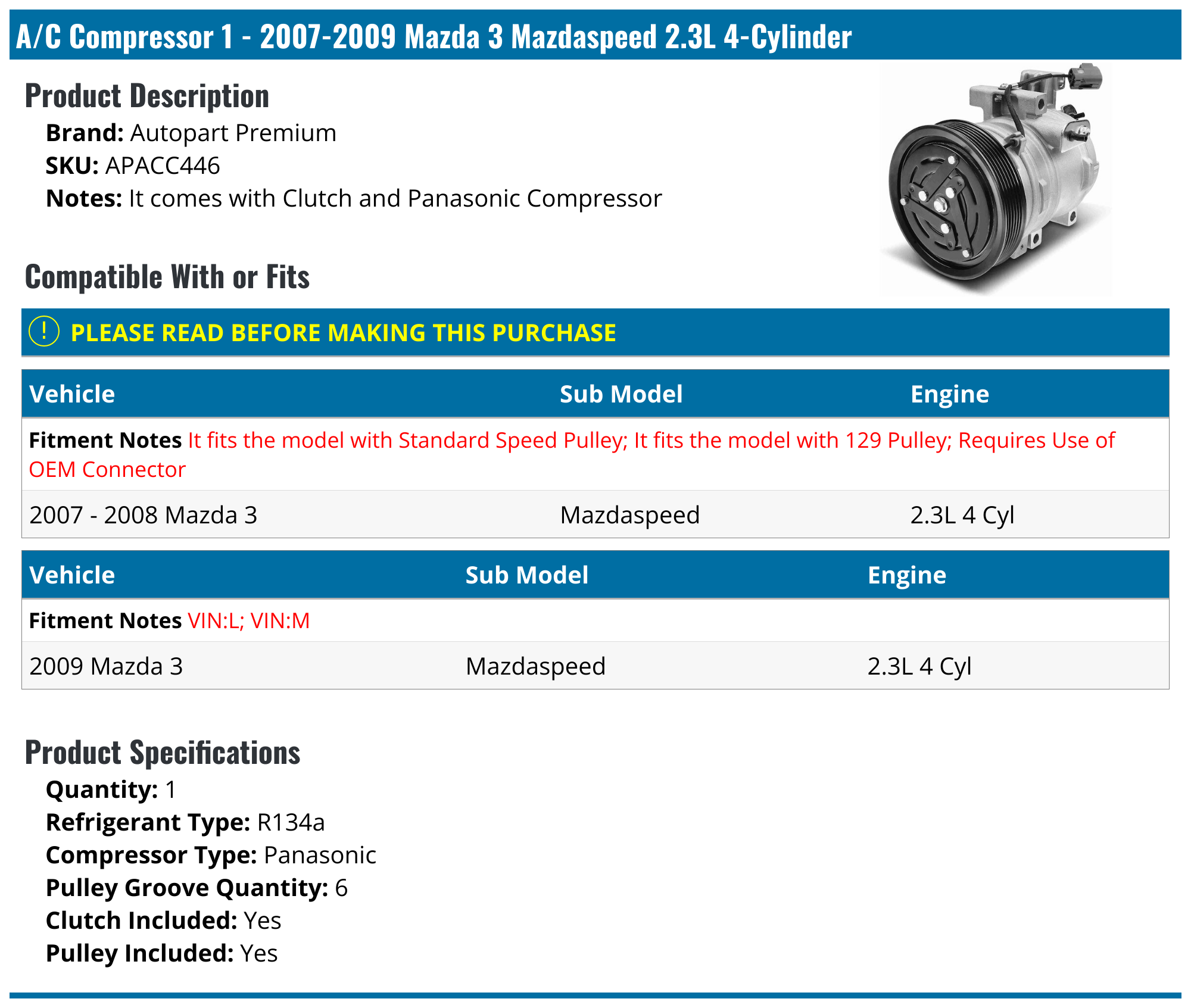 2007-2009 Mazda 3 A/C Compressor - Autopart Premium APACC446 ...