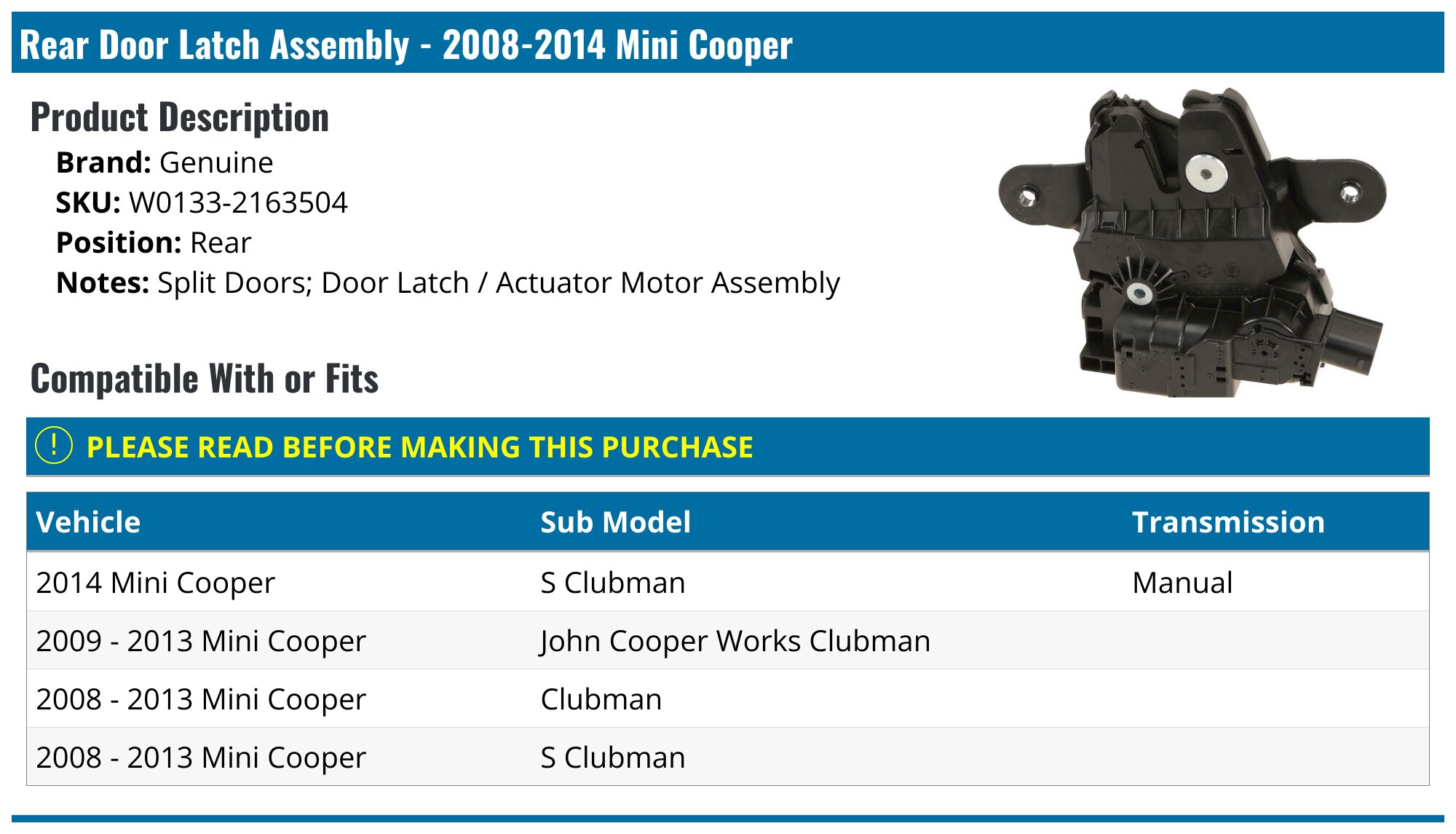 2008-2014 Mini Cooper Door Latch Assembly - Genuine W0133-2163504 ...